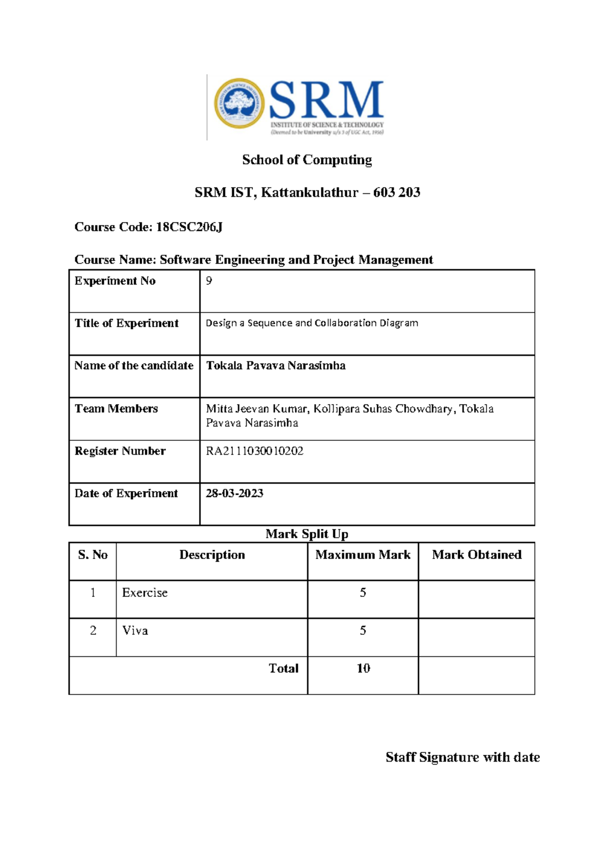 Sepm 9 202. - sepm 9 the week assessgement - School of Computing SRM ...