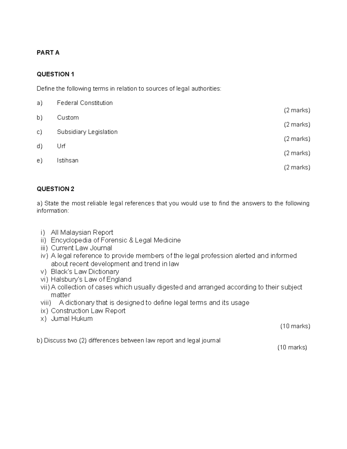 Sample EXAM LAW035 - Final - PART A QUESTION 1 Define the following ...