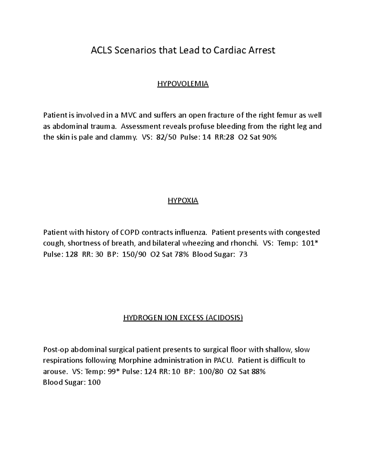 ACLS Scenarios for H and T - ACLS Scenarios that Lead to Cardiac Arrest ...