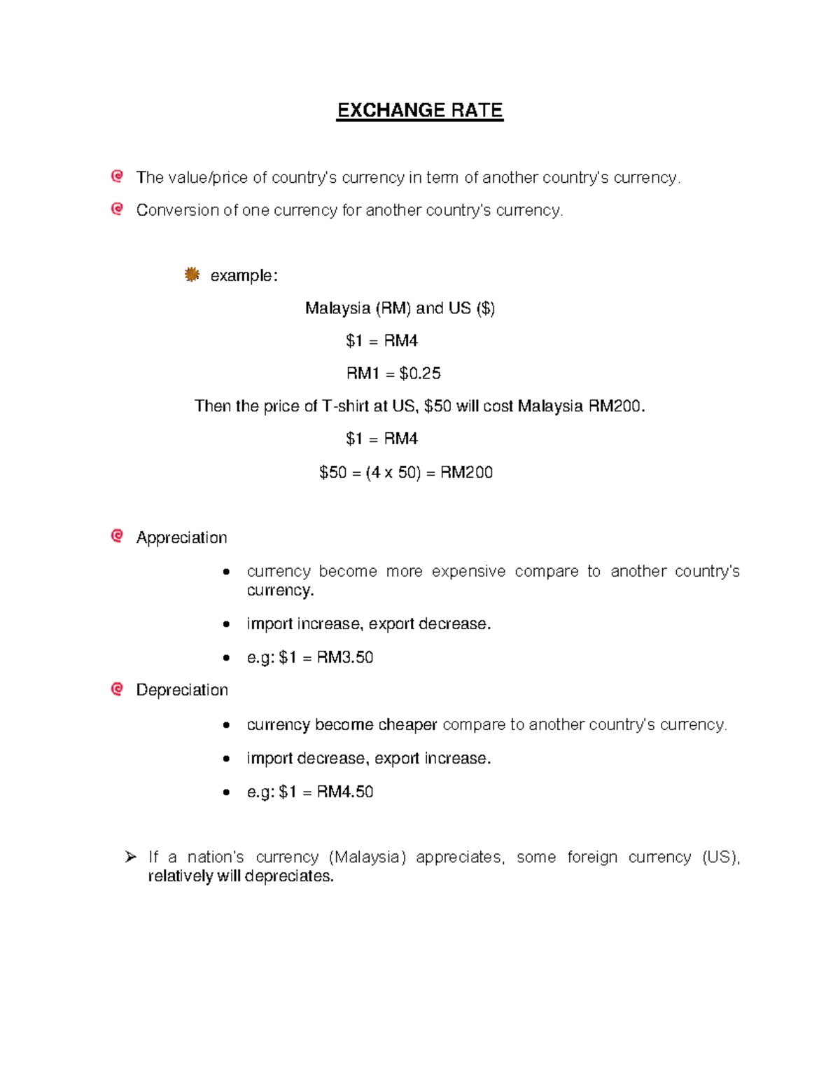 Exchange RATE (ECO211) - EXCHANGE RATE The value/price of country’s ...