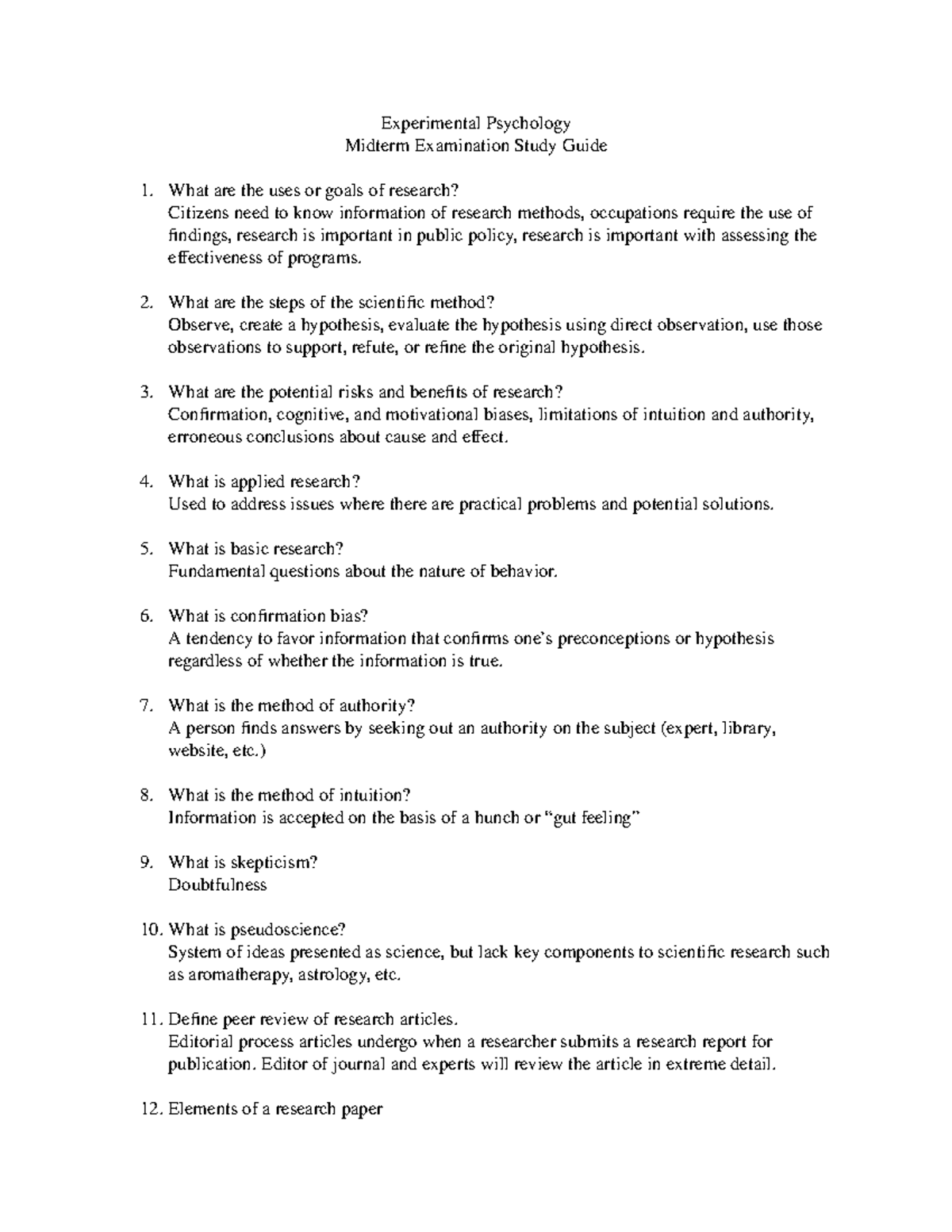Midterm Study Guide - Experimental Psychology Midterm Examination Study ...