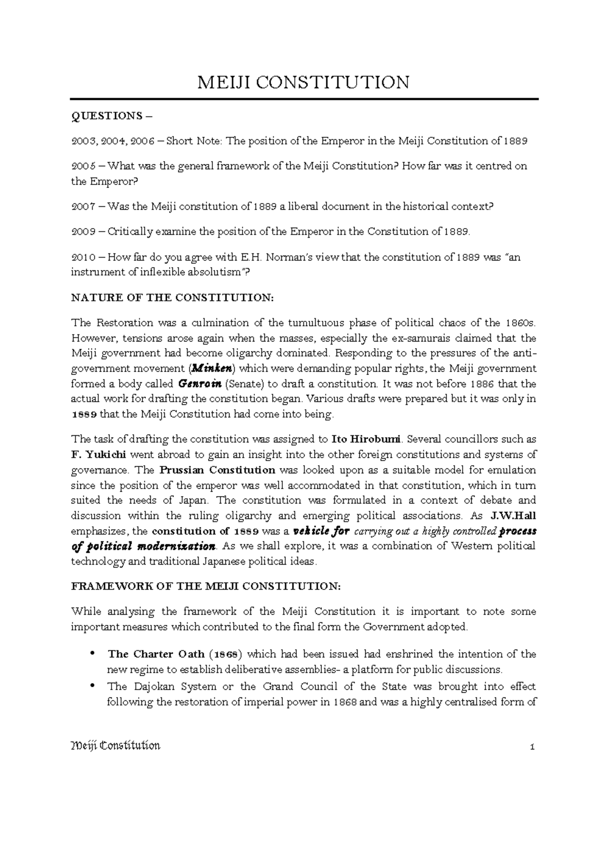 Meiji Constitution - 2010 – How far do you agree with E. Norman’s view ...