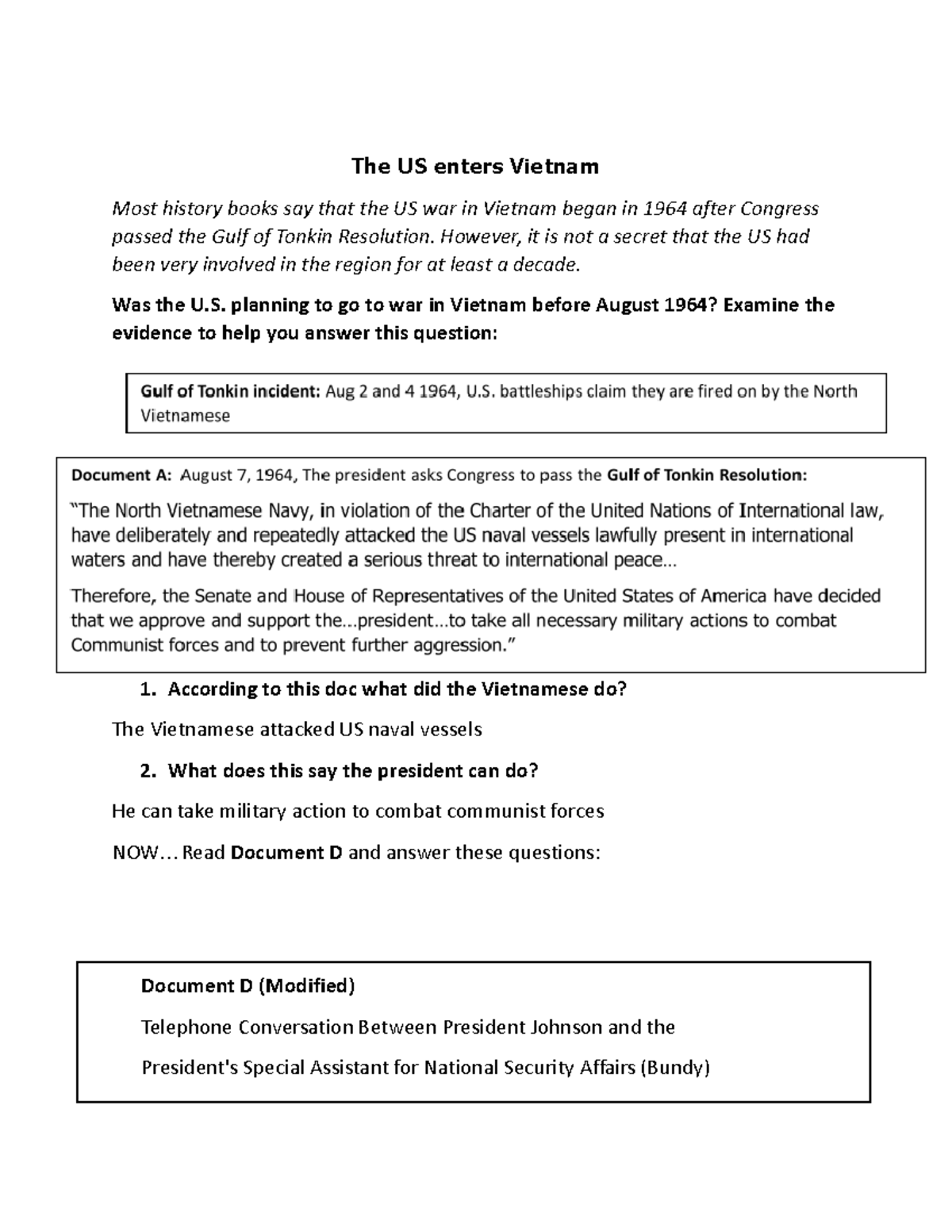 Vietnam War Document Analysis - The US enters Vietnam Most history ...