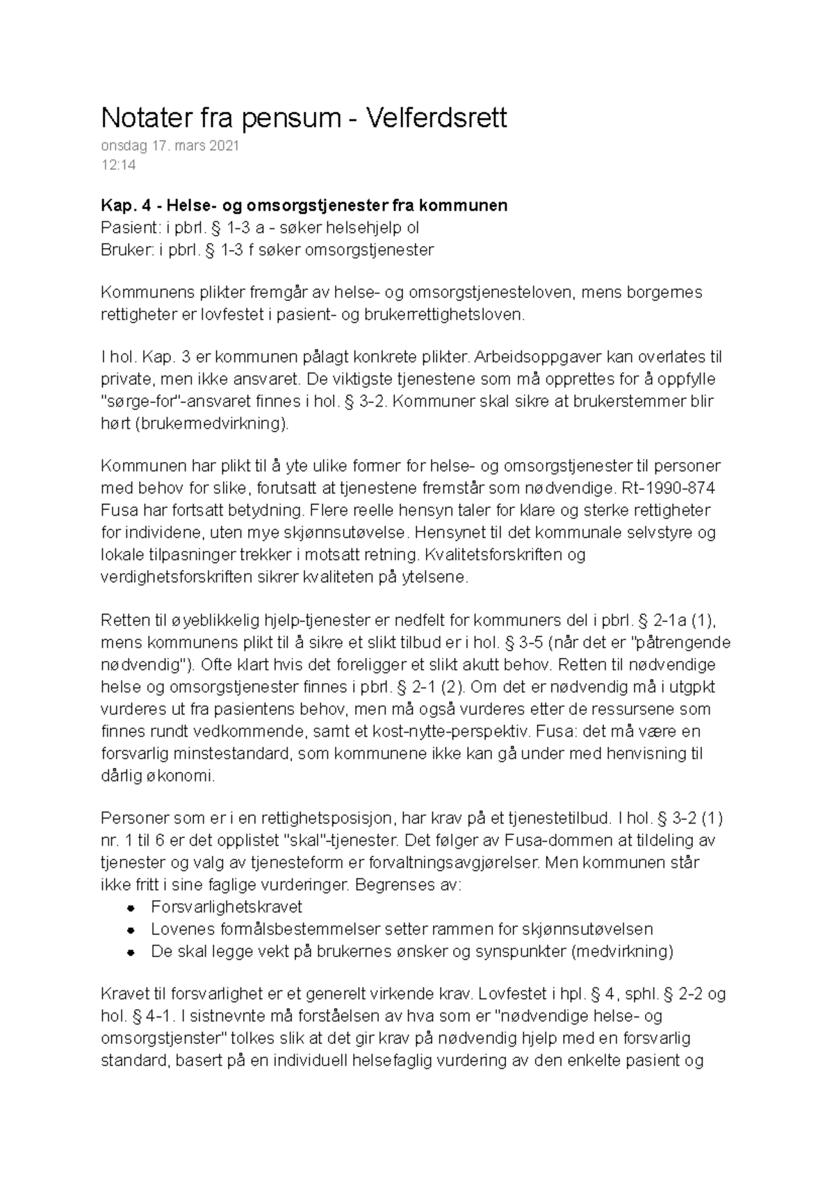 Notater fra pensum - Velferdsrett - mars 2021 12: Kap. 4 - Helse- og omsorgstjenester fra ...