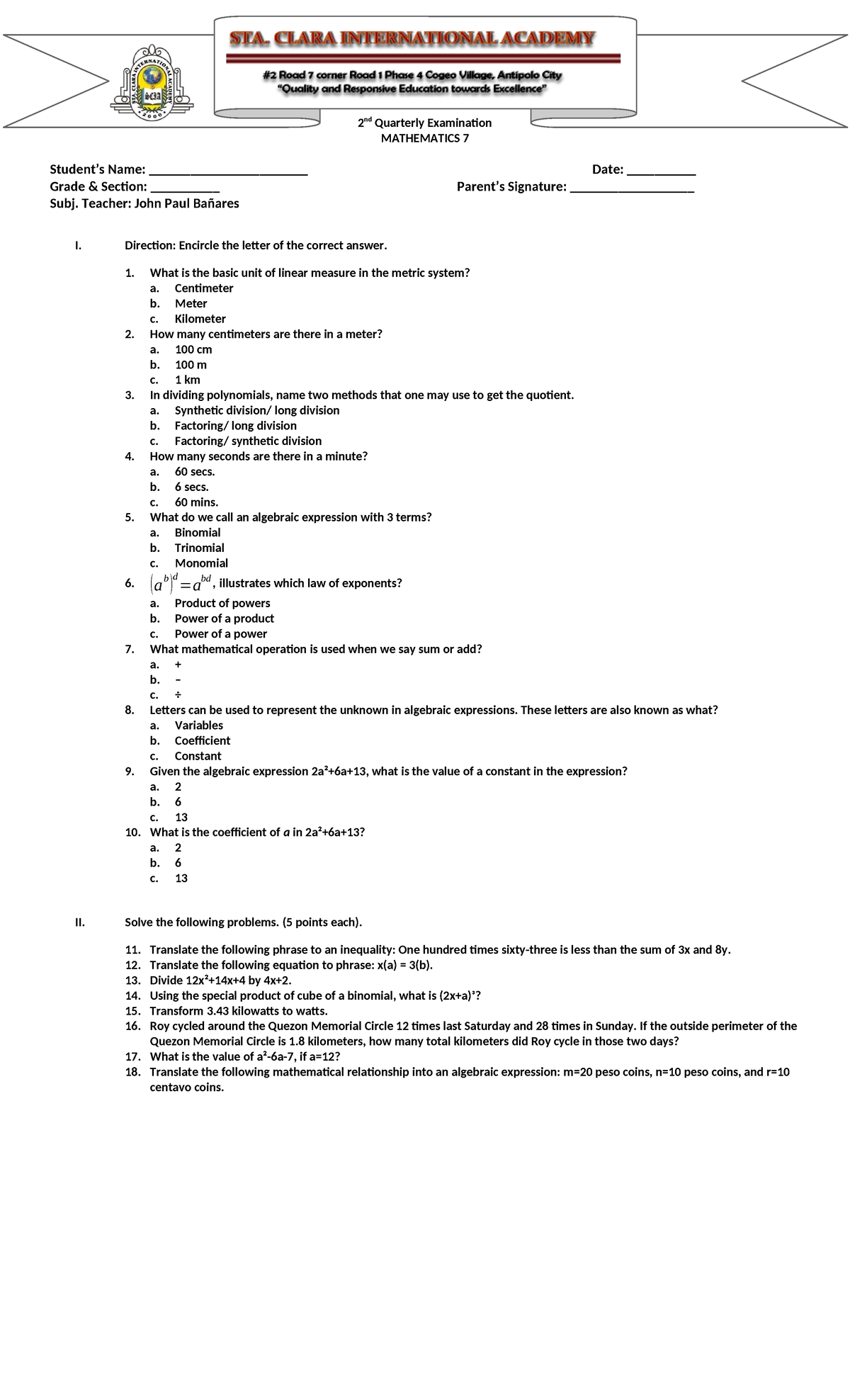2nd Quarterly Examination-1 - ####### 2 nd Quarterly Examination ...