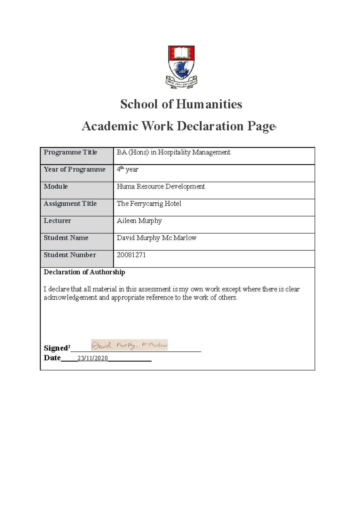 Human Resource Development Assignemnt - School of Humanities Academic ...