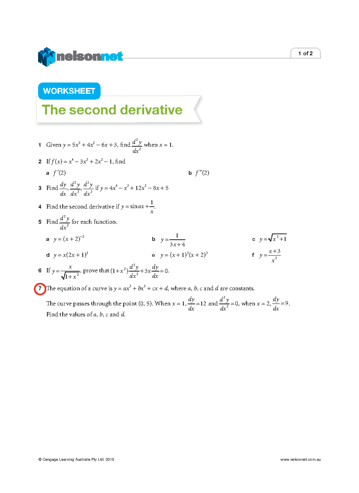 Second derivative - Worksheet - © Cengage Learning Australia Pty Ltd ...