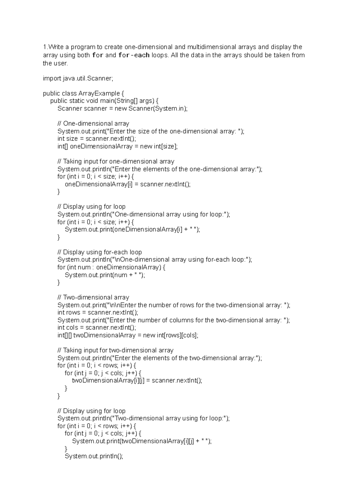 Java Practical This Is Java 1 A Program To Create One Dimensional