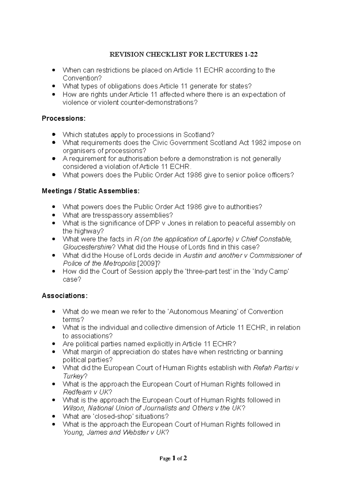 Revision Checklist FOR Lectures 1-22 - REVISION CHECKLIST FOR LECTURES ...