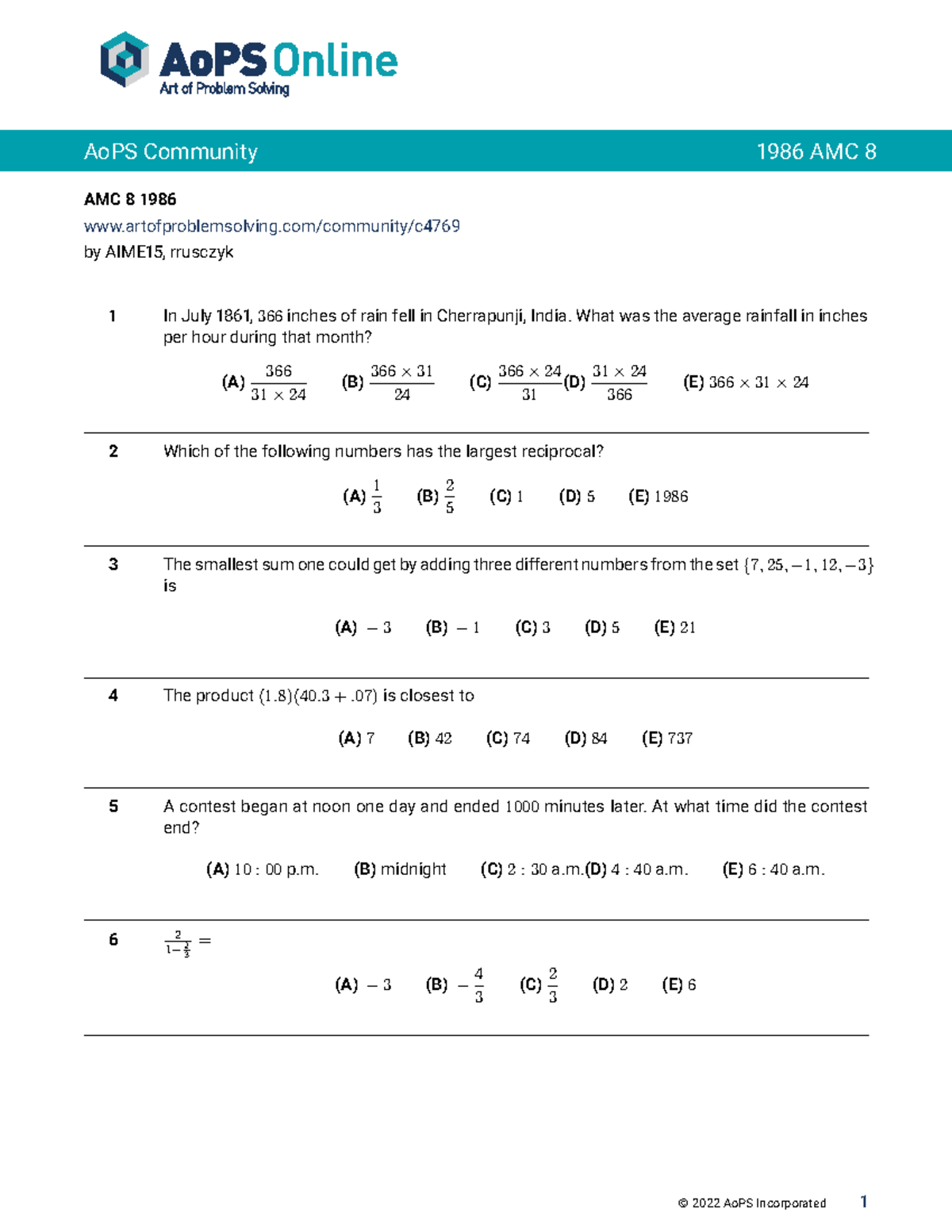 1986 - Summary Mathematical Ideas - AMC 8 1986 artofproblemsolving/community/c by AIME15 ...