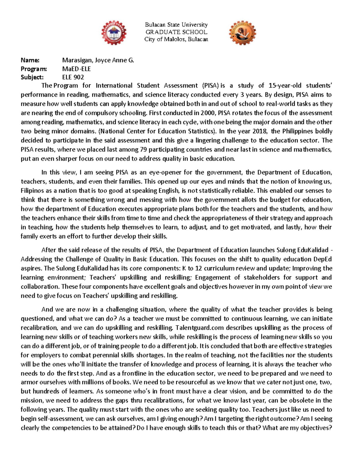 Program for International Student Assessment PISA 2018. - Bulacan State ...