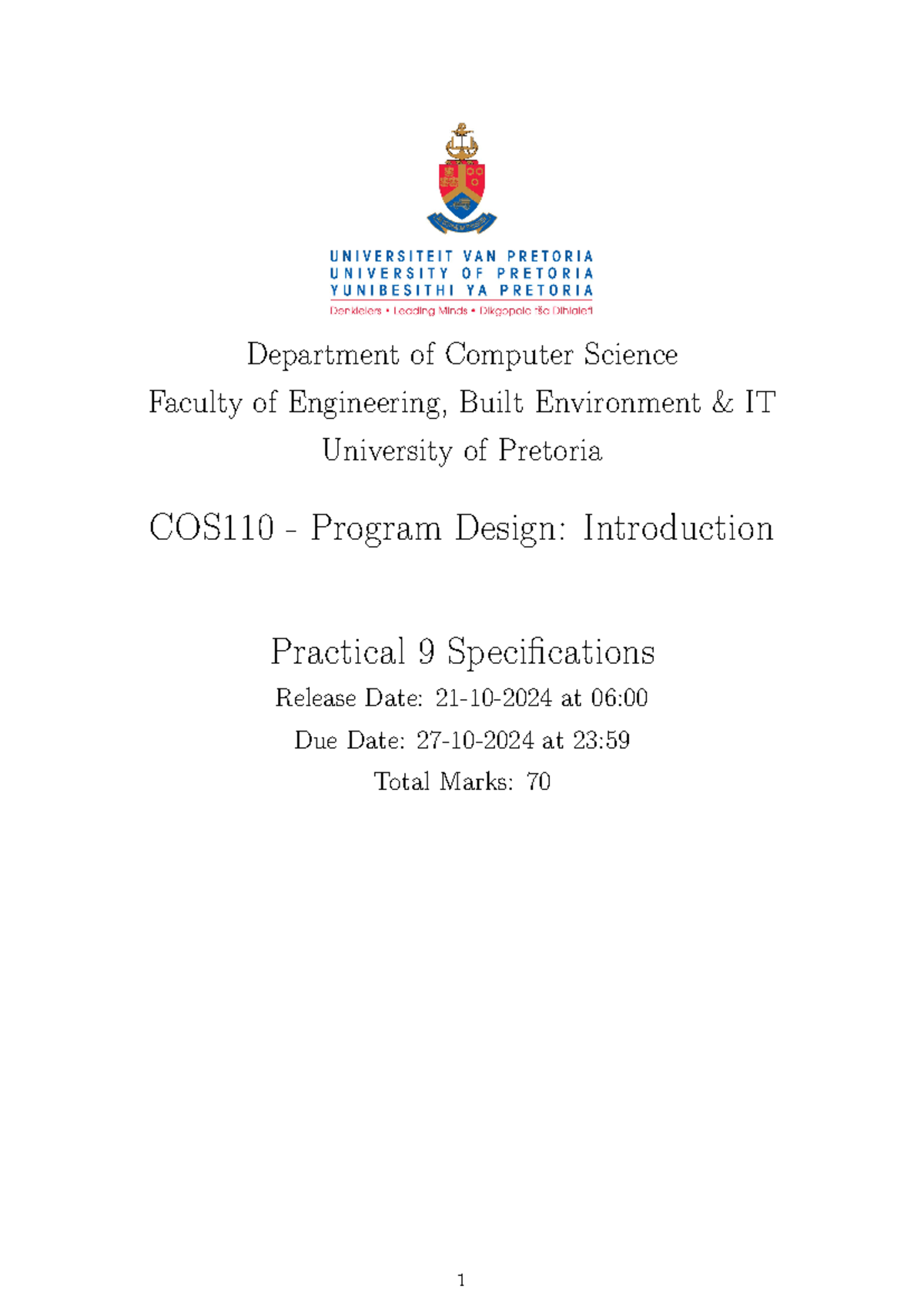Practical 9 - a coding assignment - Department of Computer Science Faculty of Engineering, Built ...