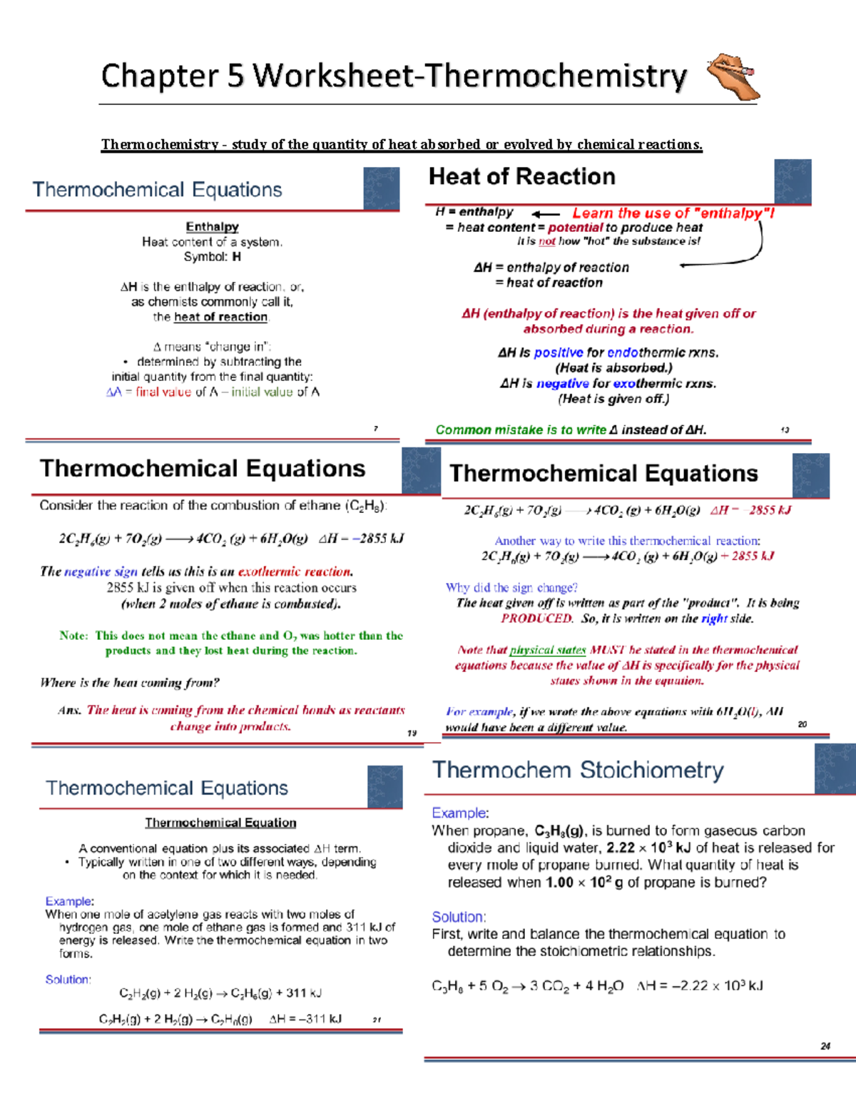 Ch5 Thermo Worksheet - Thermochemistry - study of the quantity of heat ...