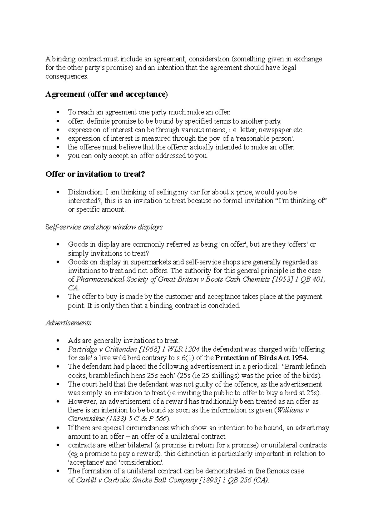 Contract unit 1 - unit 1 - A binding contract must include an agreement, consideration ...