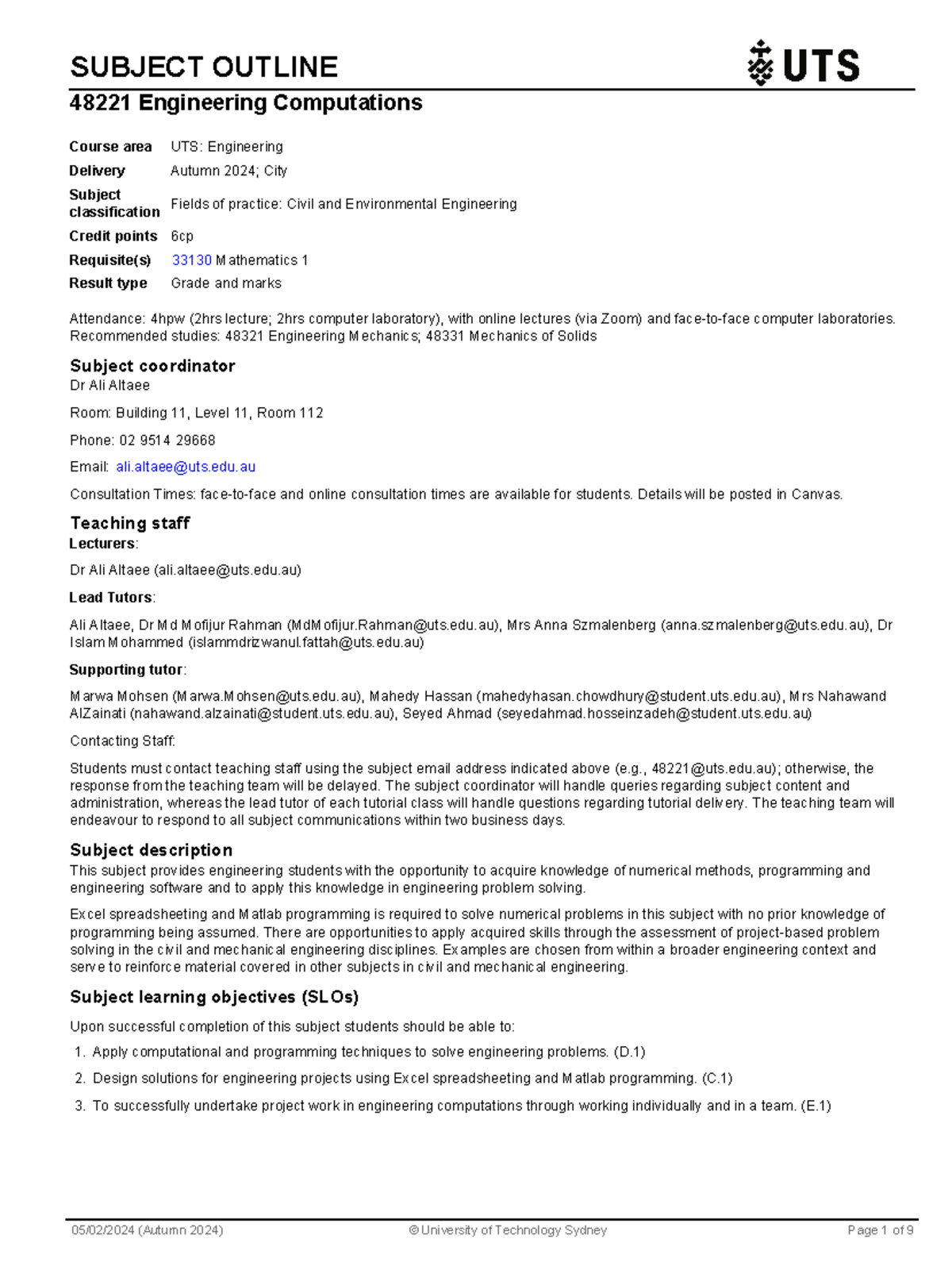 PDFs - subject outline - SUBJECT OUTLINE 48221 Engineering Computations Attendance: 4hpw (2hrs ...