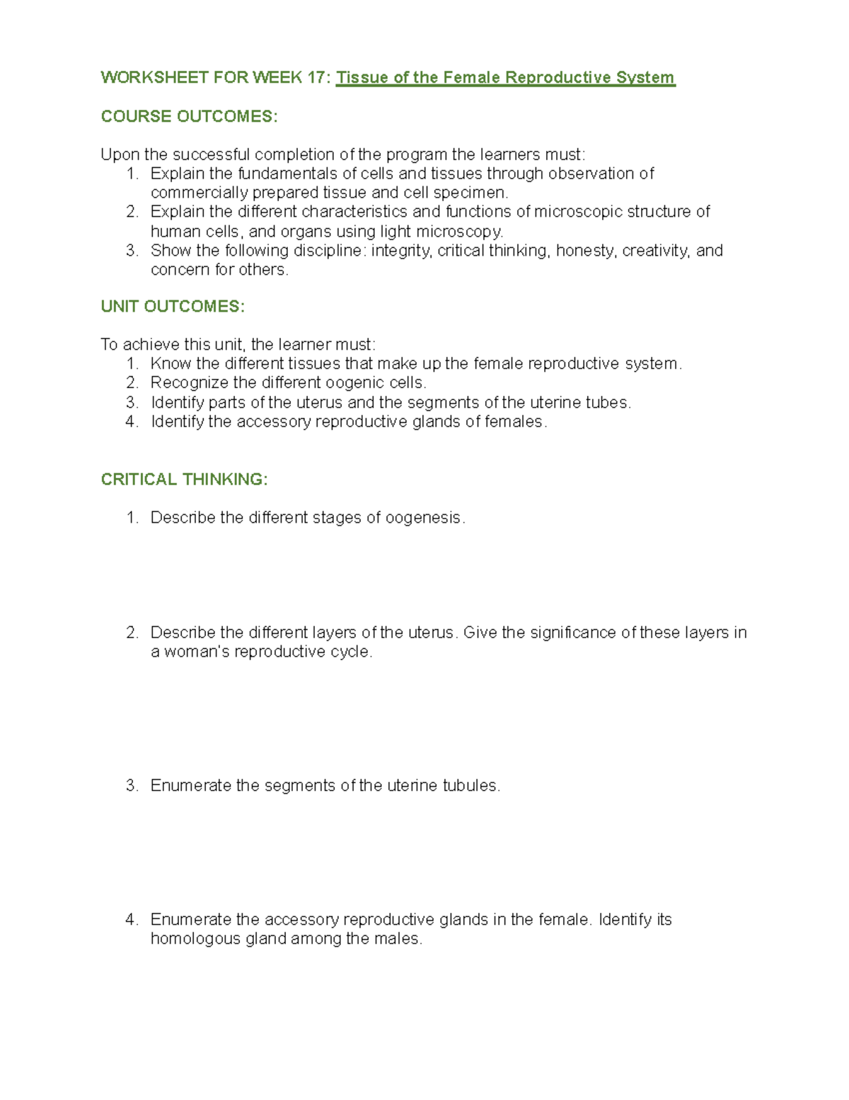 Week 17- Tissues of the Female Reproductive Organ Worksheet - WORKSHEET ...