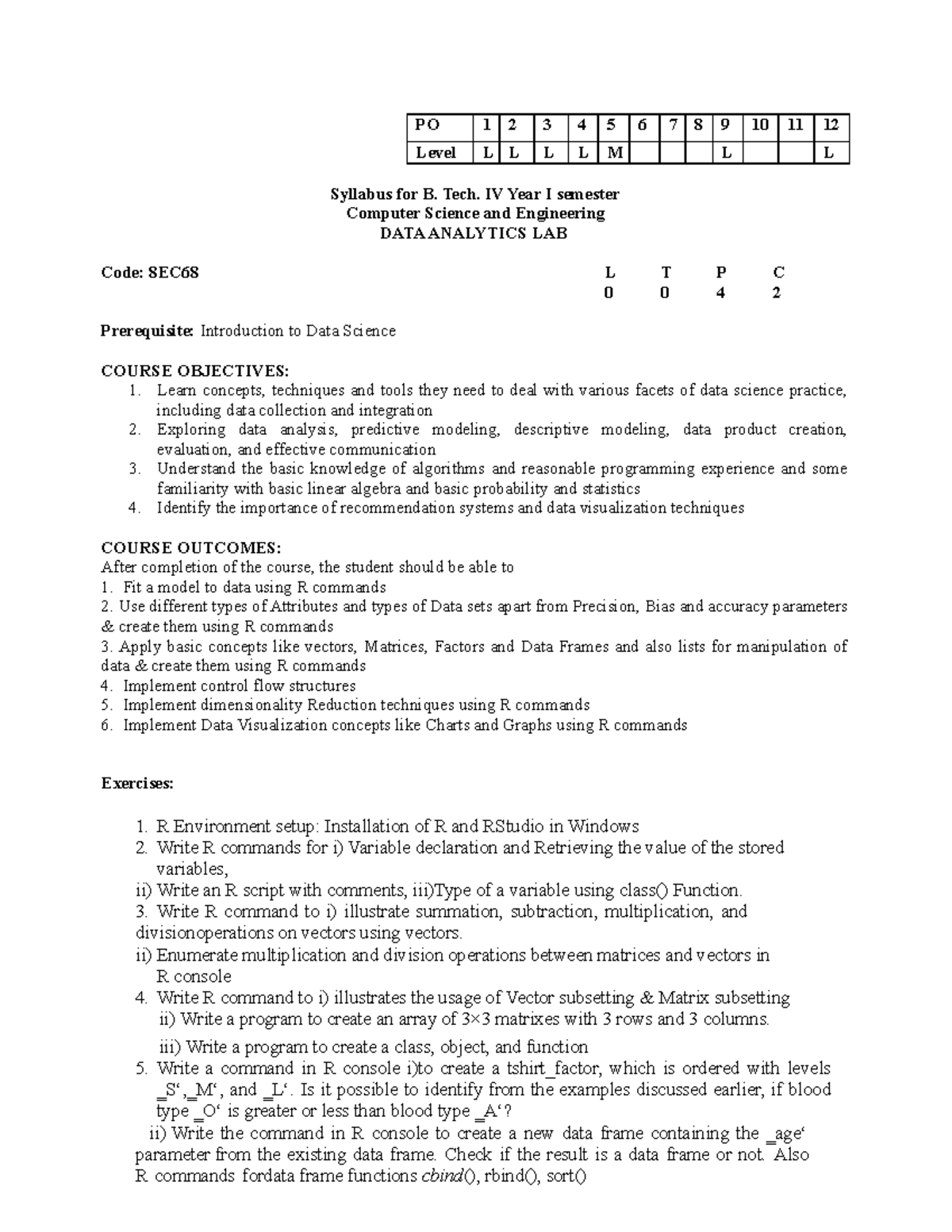 DA Lab manual - CSE Dept - PO 1 2 3 4 5 6 7 8 9 10 11 12 Level L L L L ...