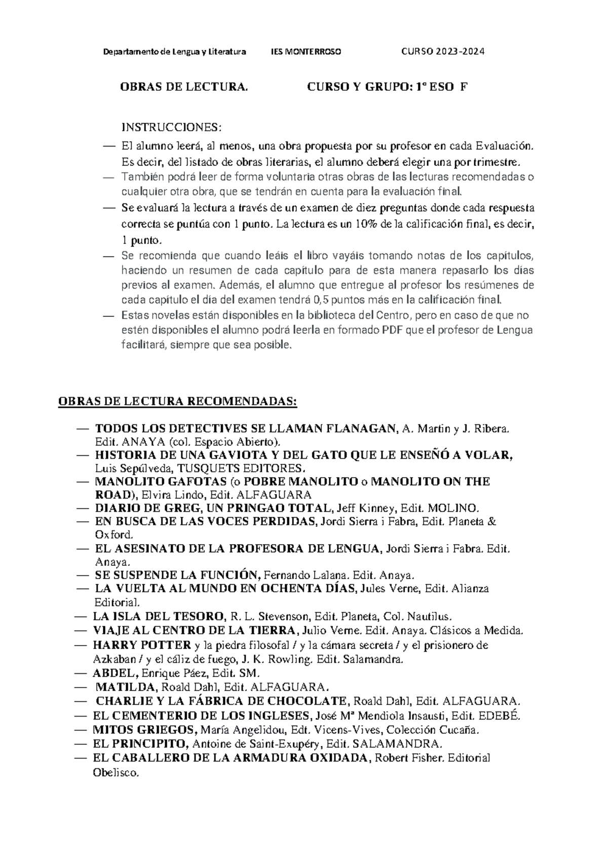 Lecturas 1º ESO - Departamento de Lengua y Literatura IES MONTERROSO CURSO 202 3 - 2024 OBRAS DE ...