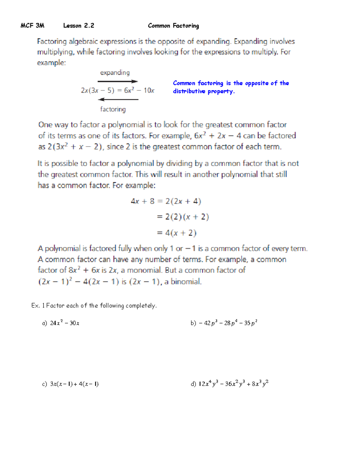 2.2 Common Factoring MCF3M - MCF 3M Lesson 2 Common Factoring Common ...