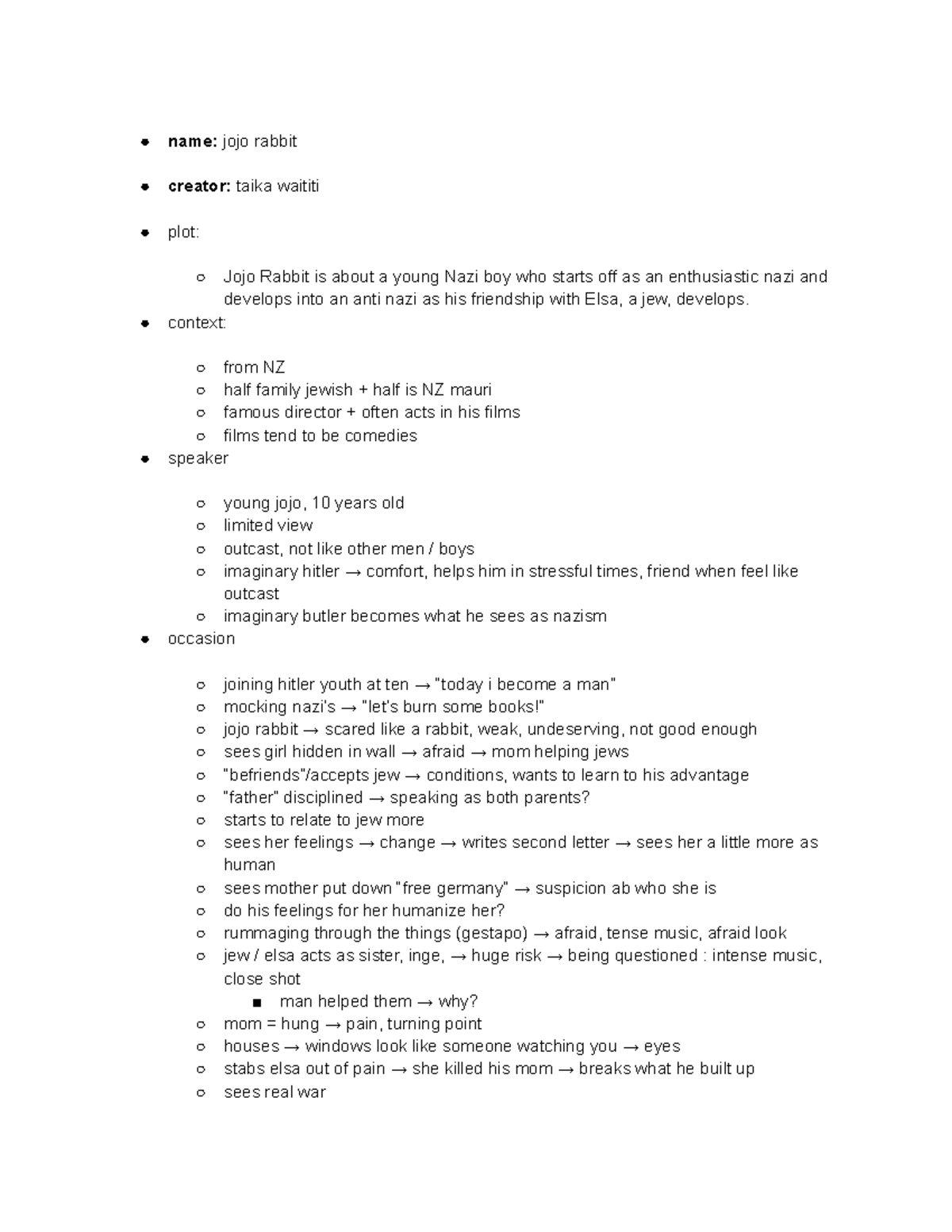 Jojo rabbit notes - name: jojo rabbit creator: taika waititi plot: Jojo ...