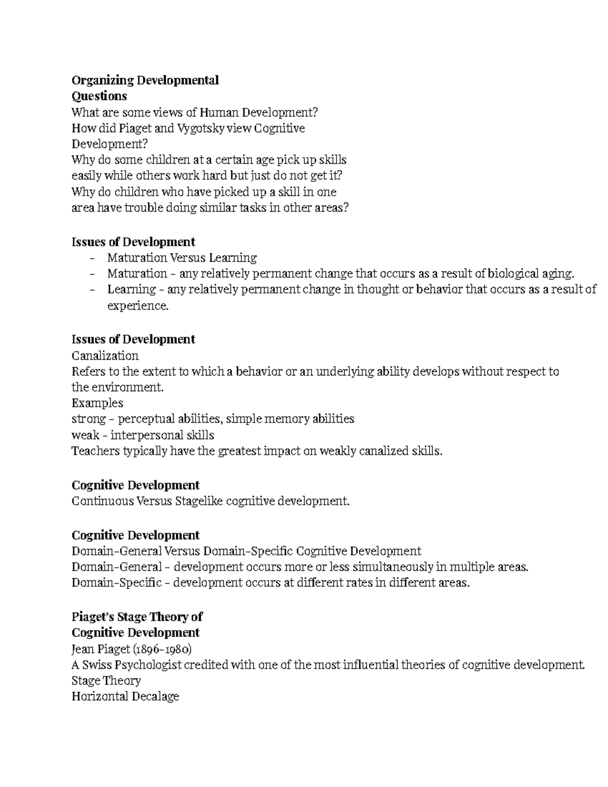 Cognitive development notes - Organizing Developmental Questions What ...