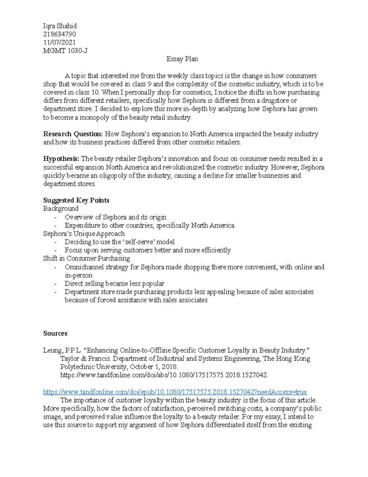 Essay Plan Overview Instructions - MGMT 1030 - Yorku - Studocu