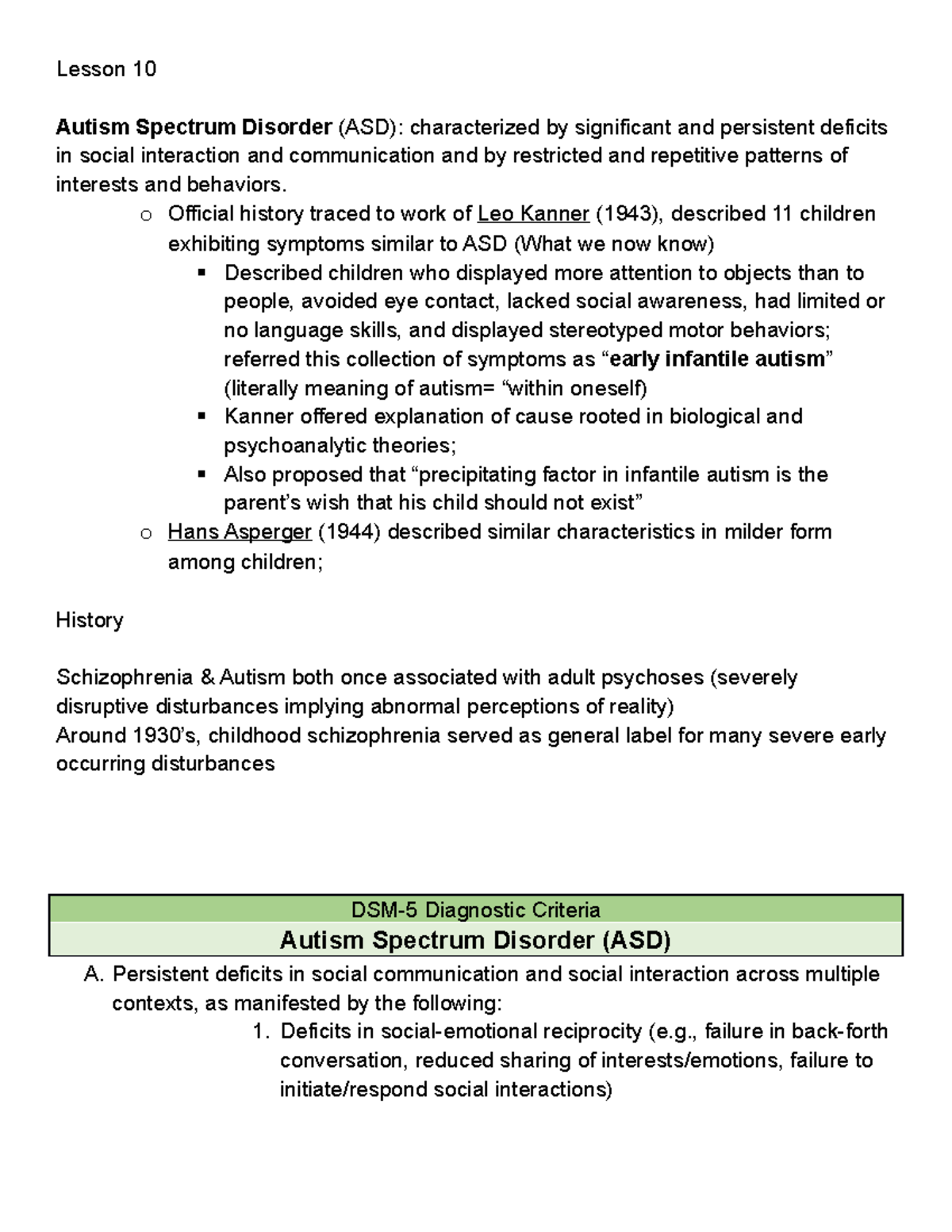 Lesson 10 Autism Spectrum Disorder Notes - Lesson 10 Autism Spectrum ...