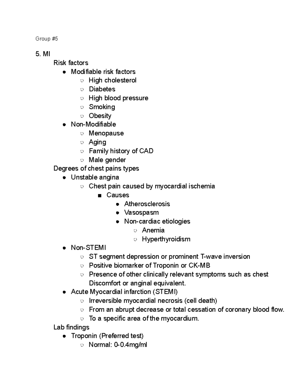 Exam 1 Study Guide Section 5 - Group # MI Risk factors Modifiable risk ...