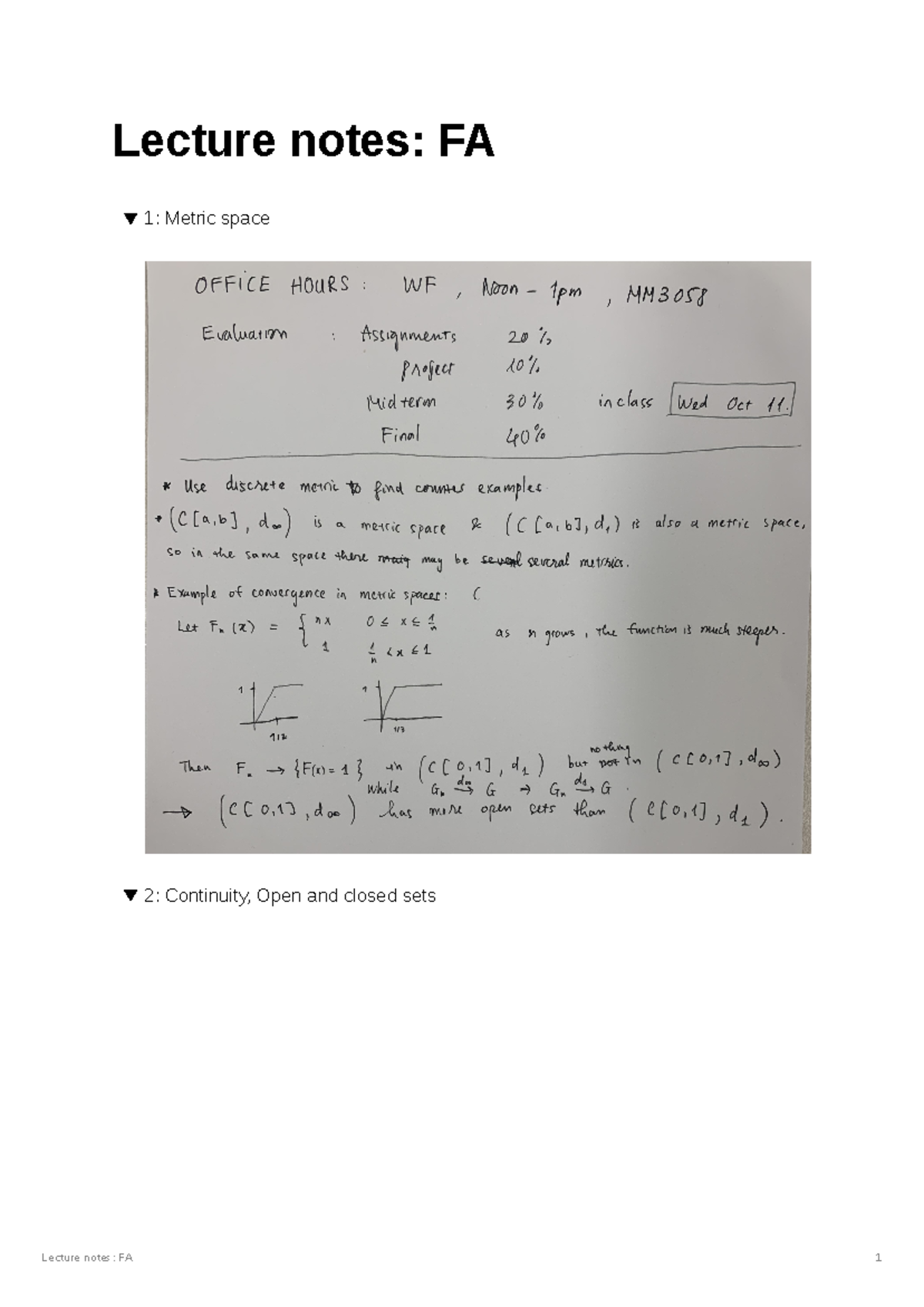 Lecture notes FA - Lecture notes: FA 1: Metric space 2: Continuity ...