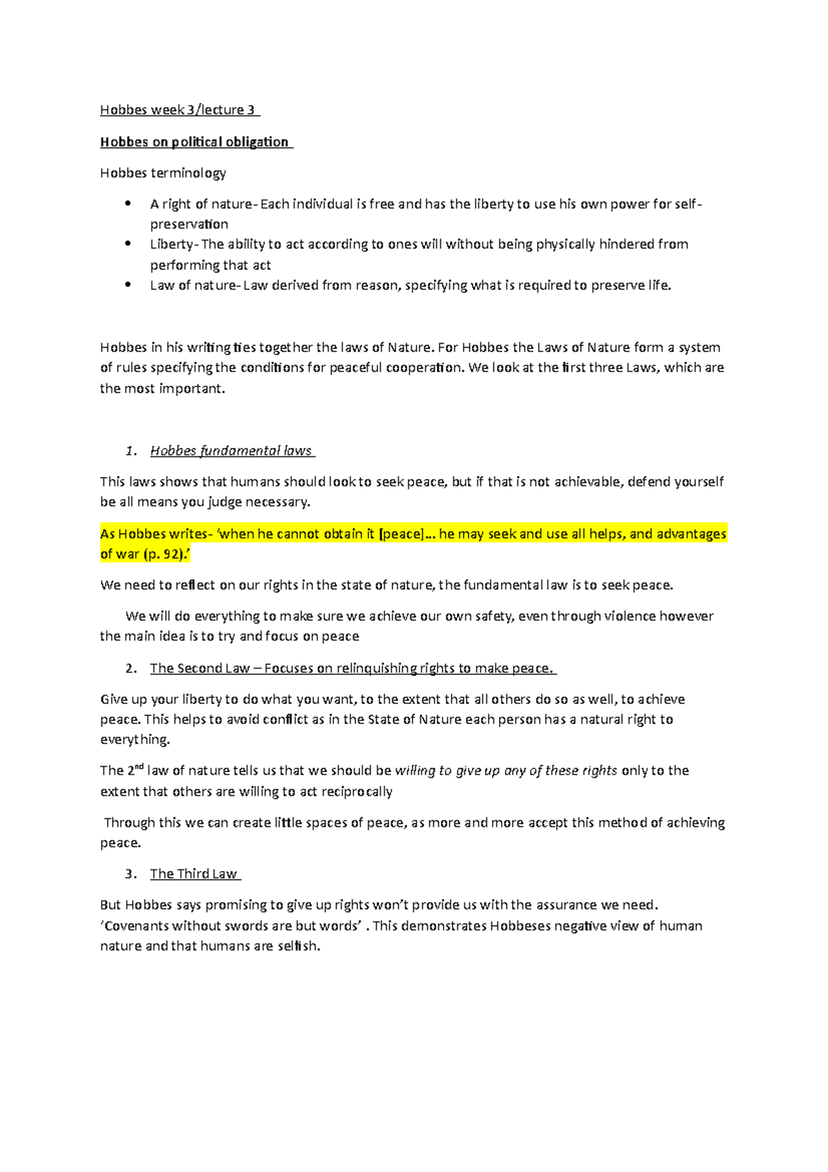 Hobbes week 3 lecture - Hobbes in his writing ties together the laws of ...