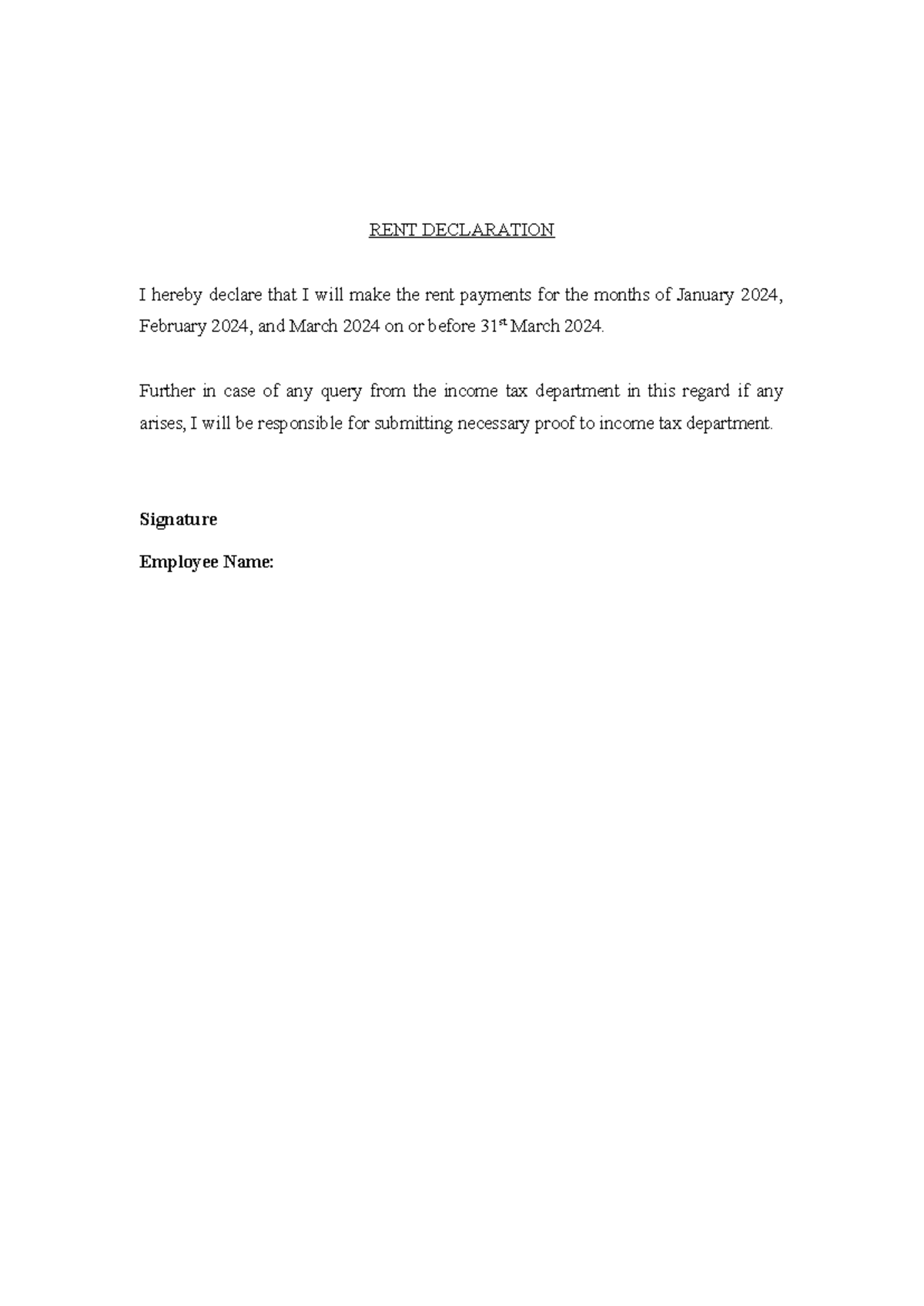 Rent Declaration - BA 501 - RENT DECLARATION I hereby declare that I ...