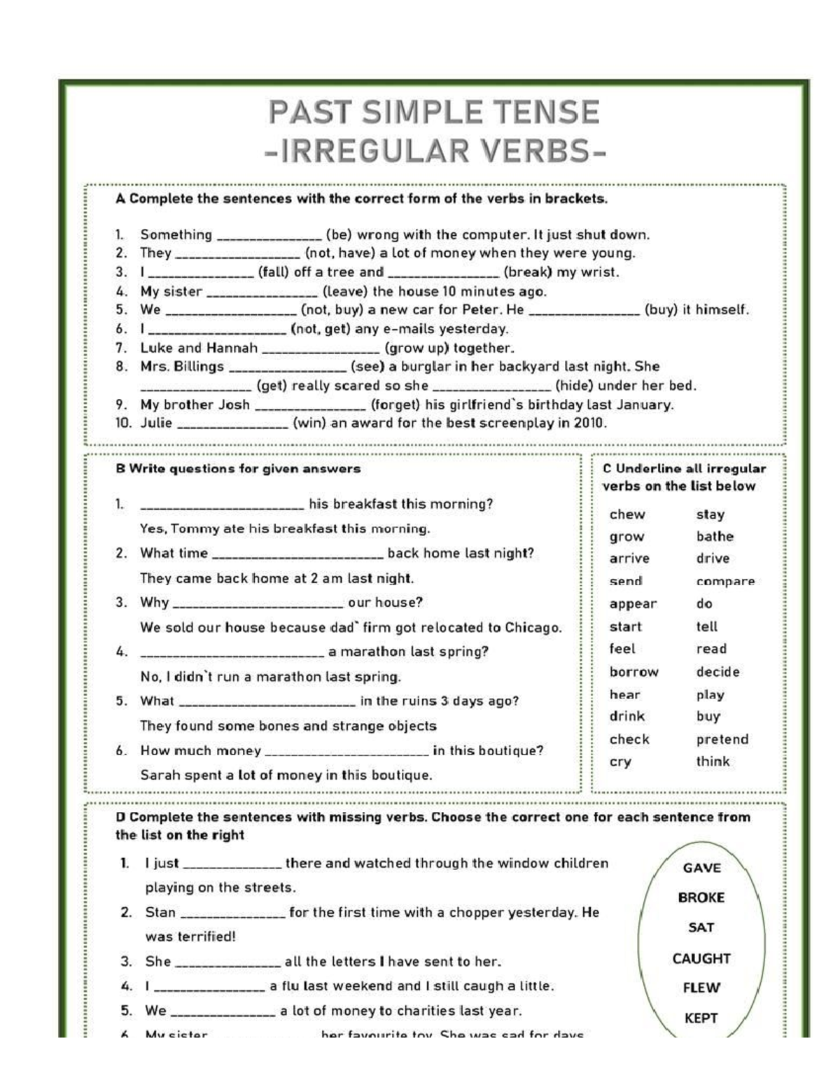 Printable activities Simple Past Tense - PAST SIMPLE TENSE A Complete ...