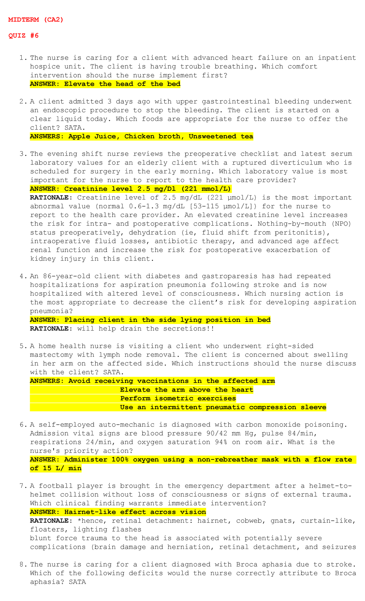 CA 2 Midterm Quizes Compilation - MIDTERM (CA2) QUIZ The nurse is ...