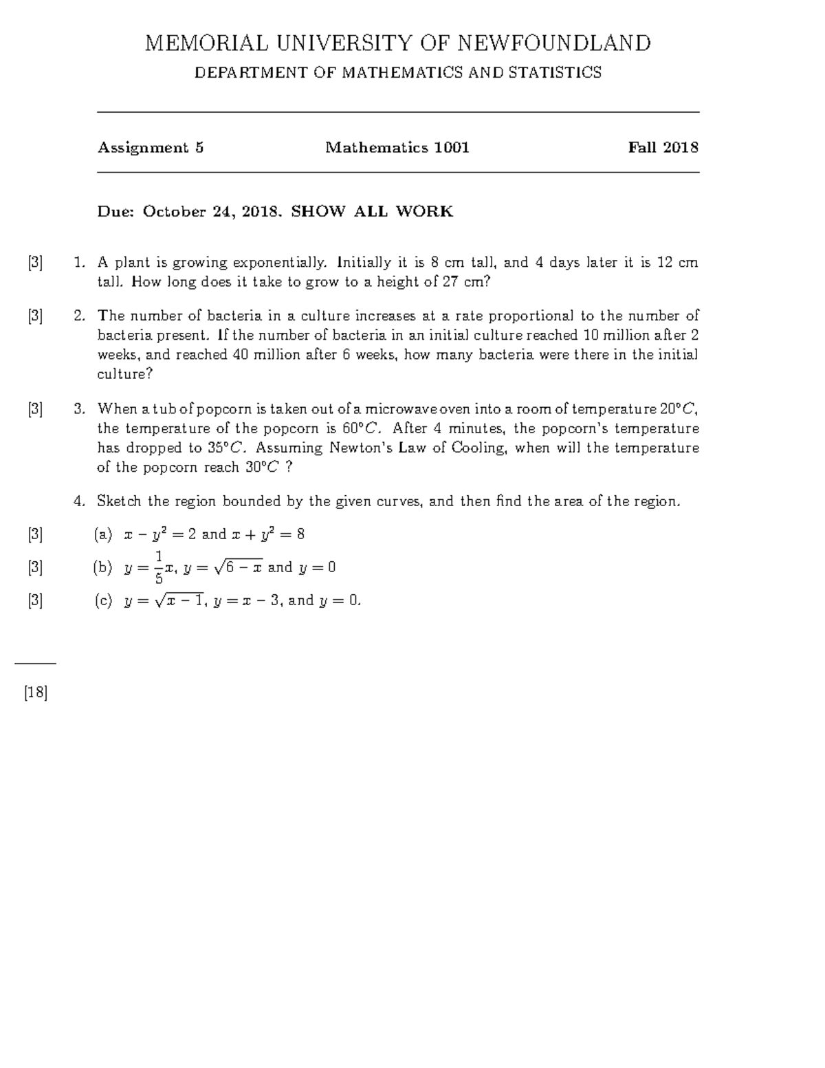 Math 1001 Assignment 5 - MEMORIAL UNIVERSITY OF NEWFOUNDLAND DEPARTMENT ...