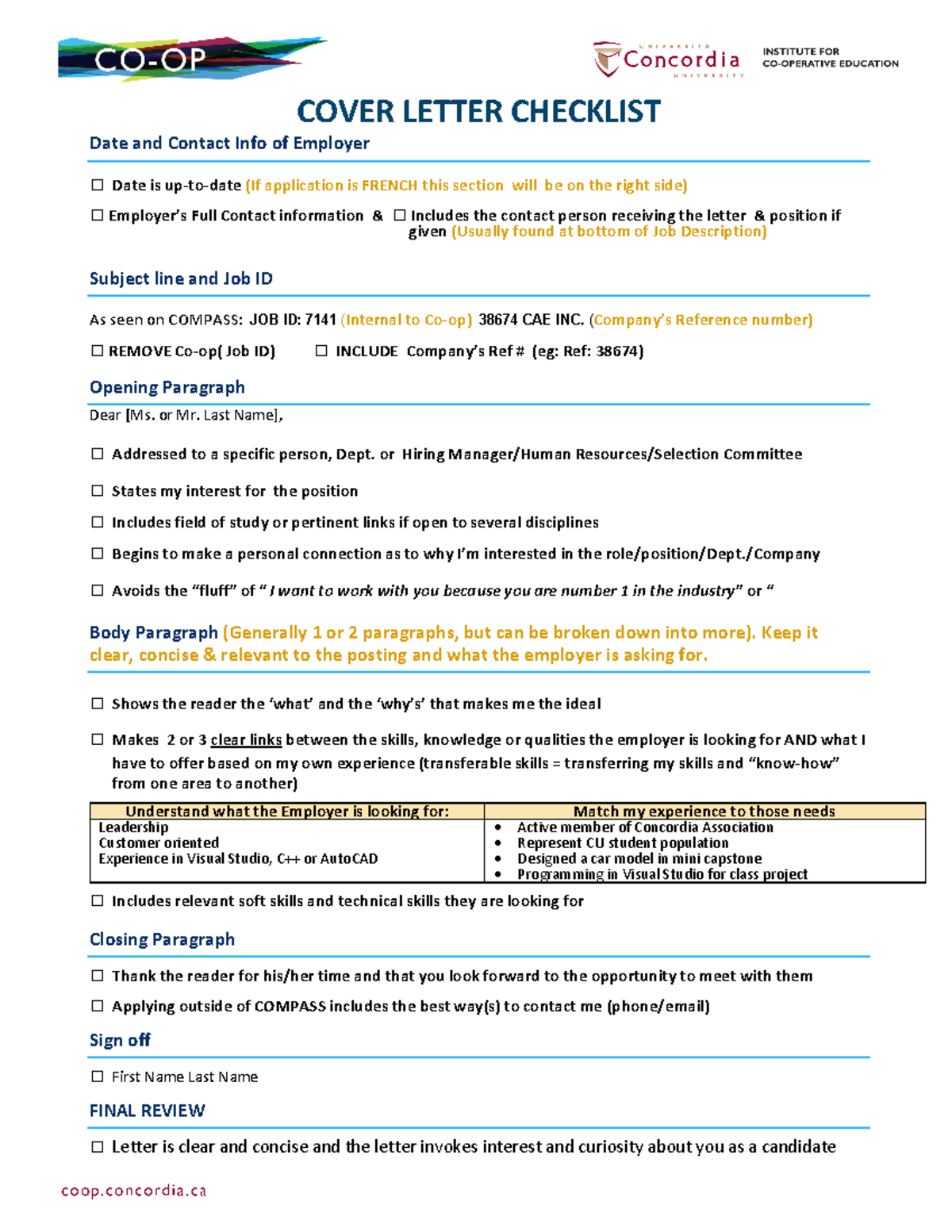Cover Letter Checklist - COVER LETTER CHECKLIST Date and Contact Info ...