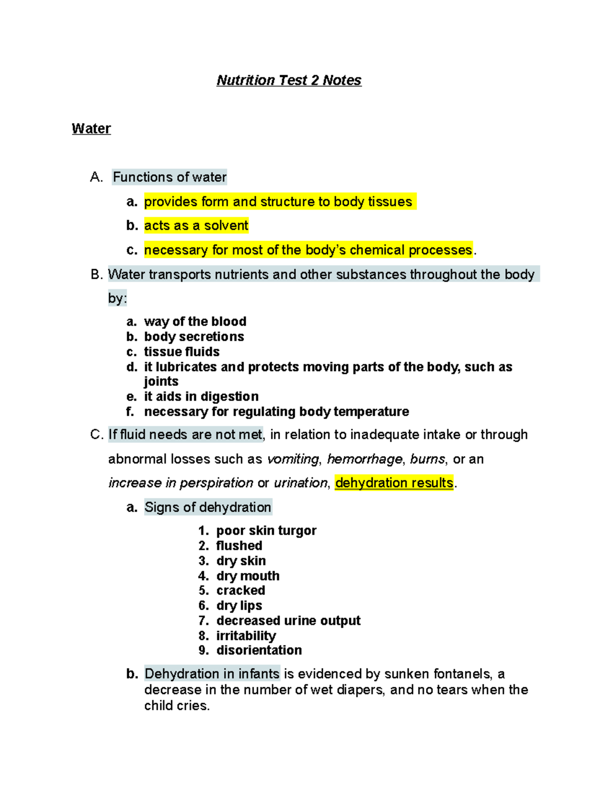 Nutrition Test 2 Notes - Nutrition Test 2 Notes Water A. Functions of ...