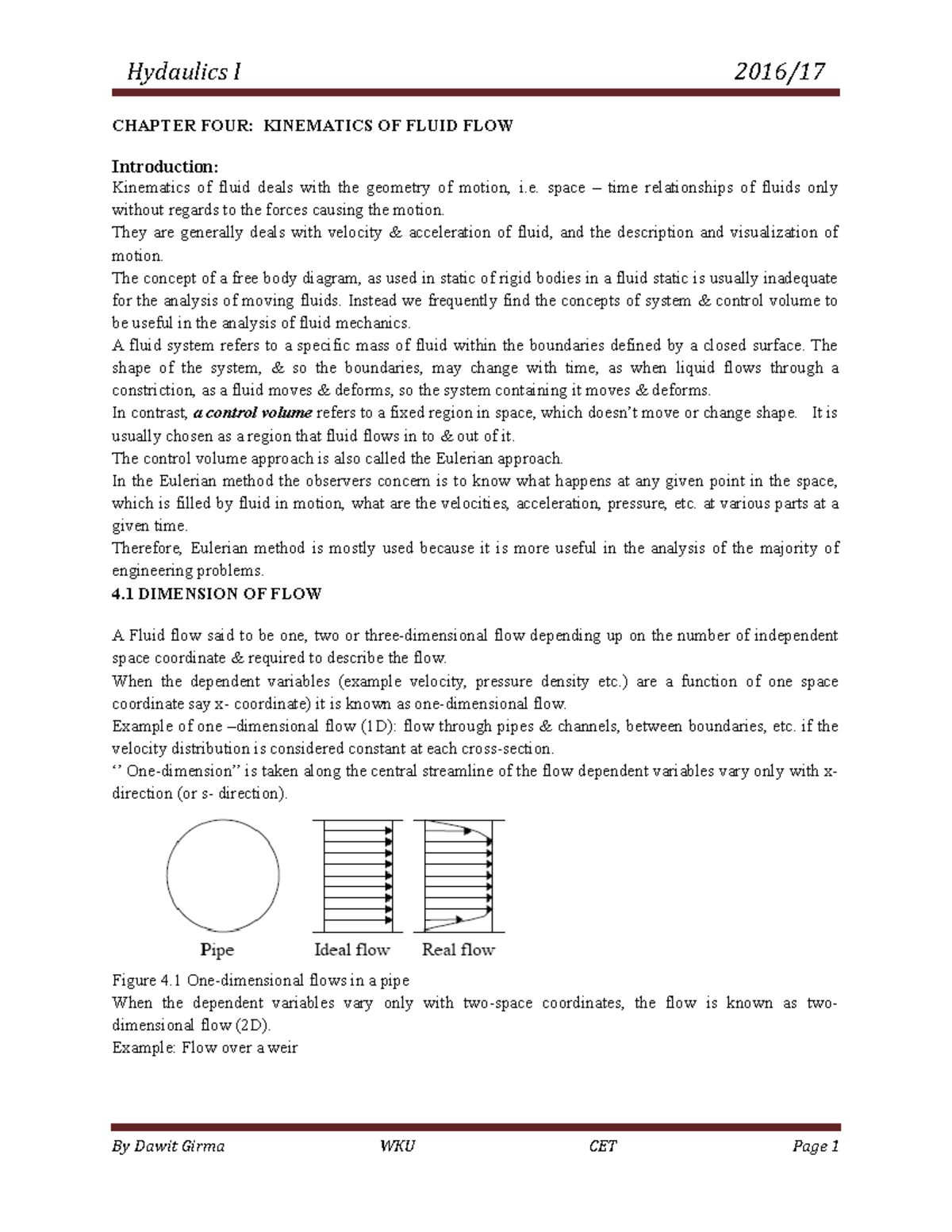 Chapter 4 - IMPORTANT - CHAPTER FOUR: KINEMATICS OF FLUID FLOW ...