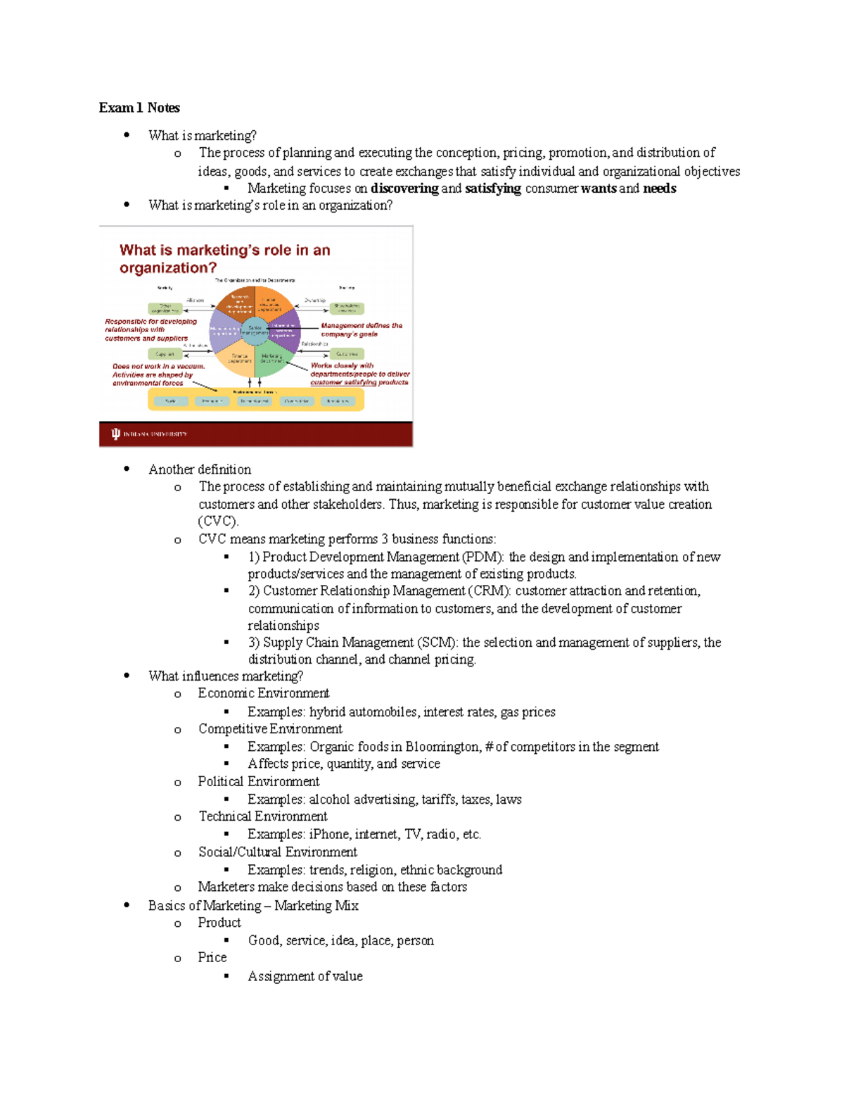Exam 1 Notes - Exam 1 Notes What is marketing? o The process of ...