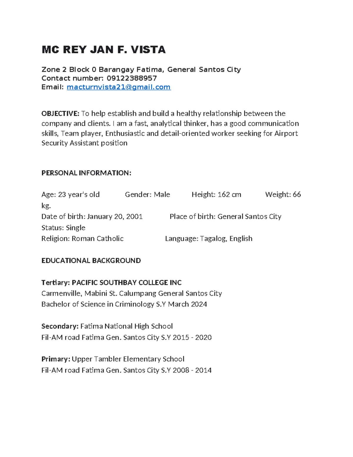 Donna Resume - idk - MC REY JAN F. VISTA Zone 2 Block 0 Barangay Fatima ...