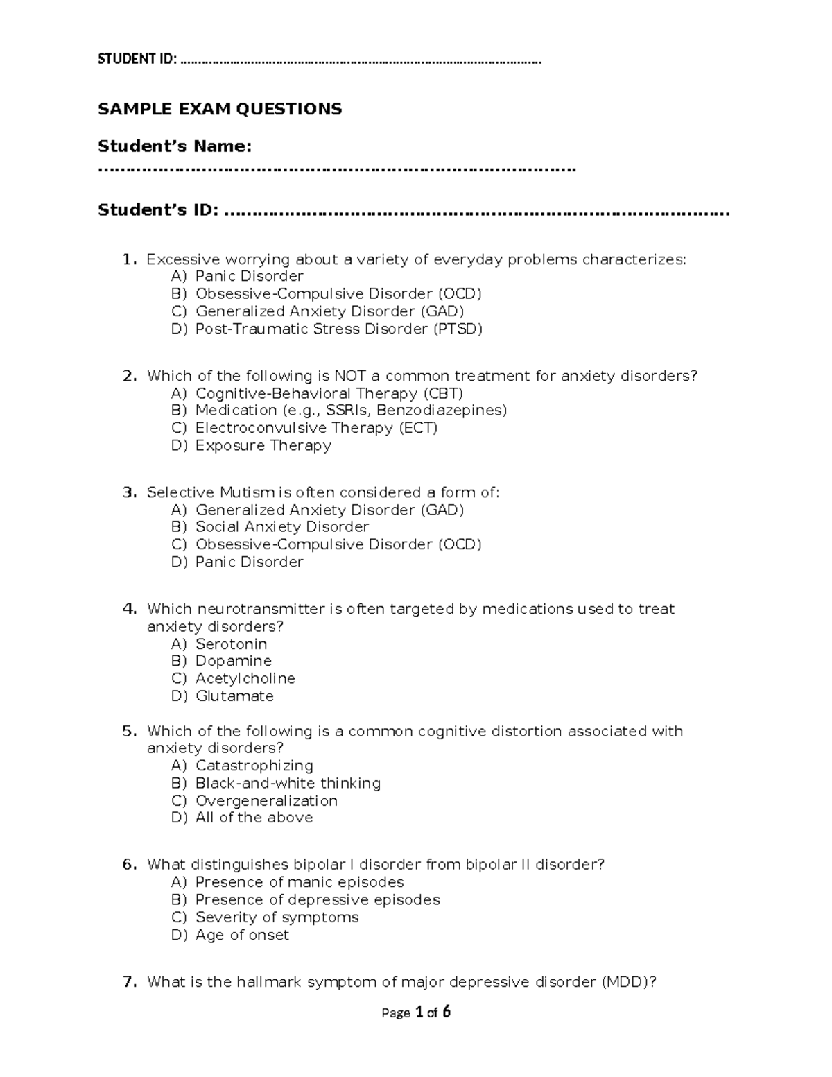 Sample Exam Questions - kkk - SAMPLE EXAM QUESTIONS Student’s Name ...