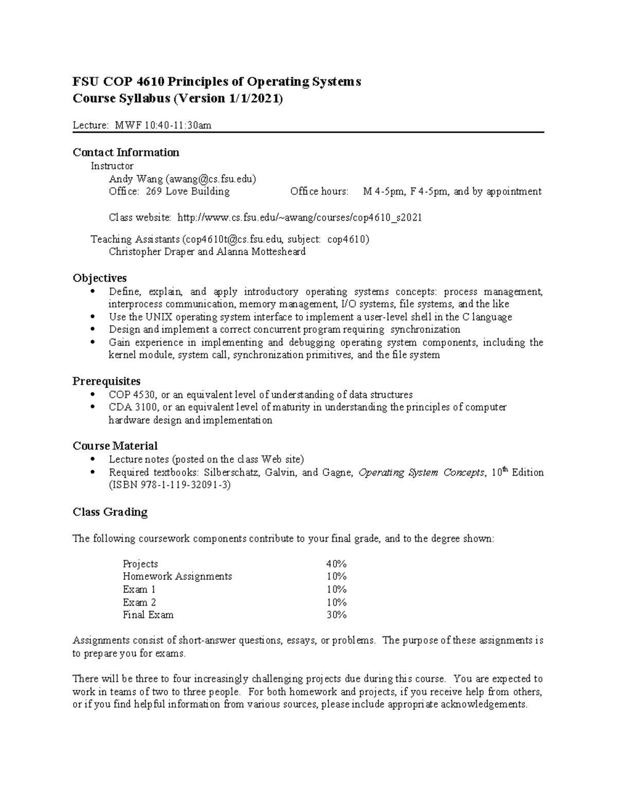 Lecture 1 course syllabus cop4610 spring 2021 - FSU COP 4610 Principles ...