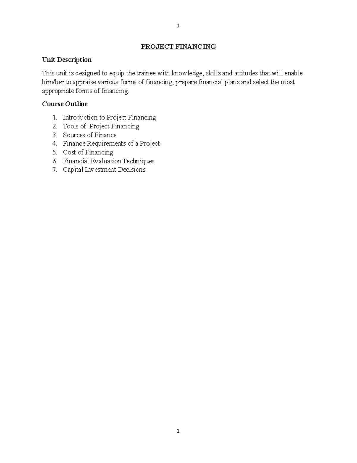 Project Financing - Lecture notes 8-11 - PROJECT FINANCING Unit ...