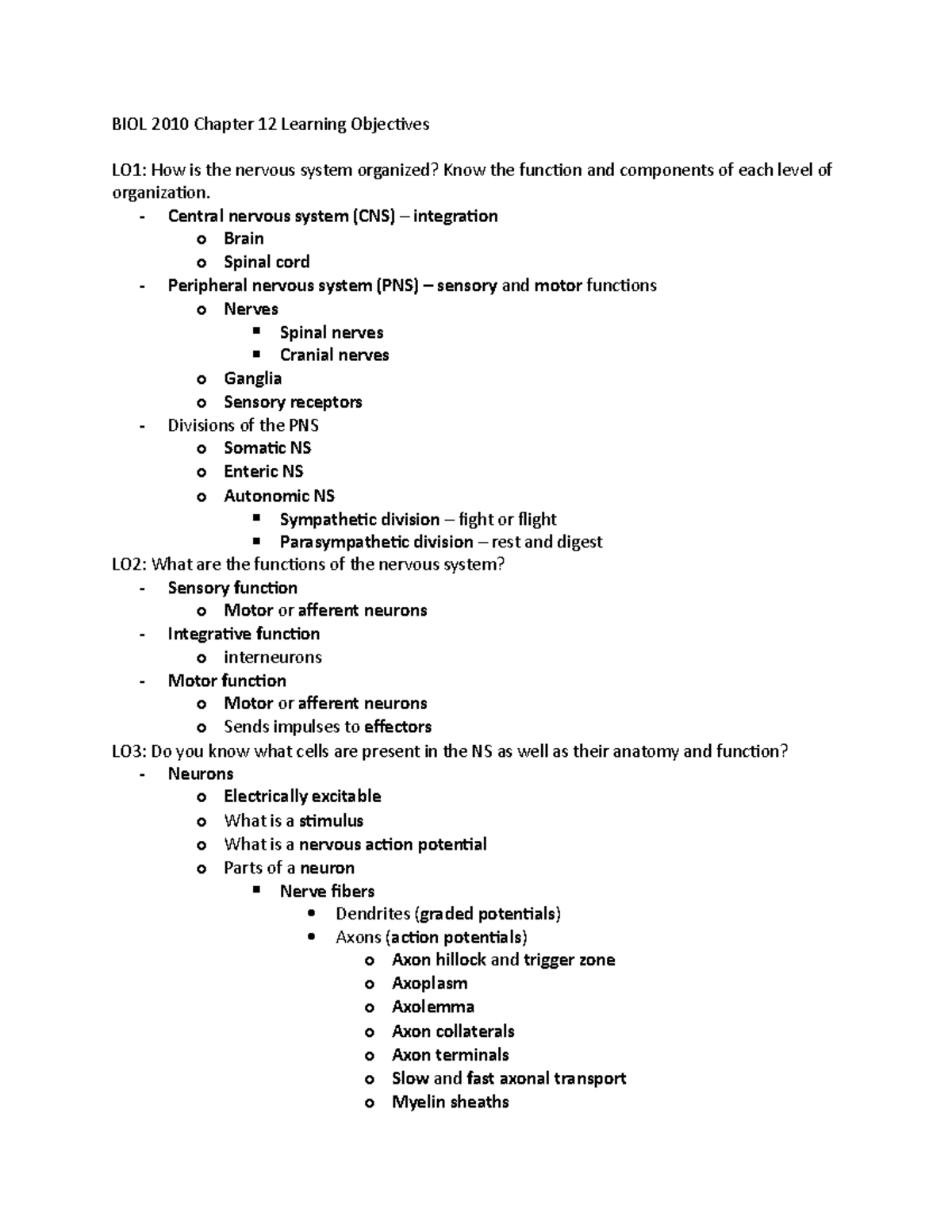 Chapter 12 Learning Objectives BIOL 2010 Chapter 12 Learning