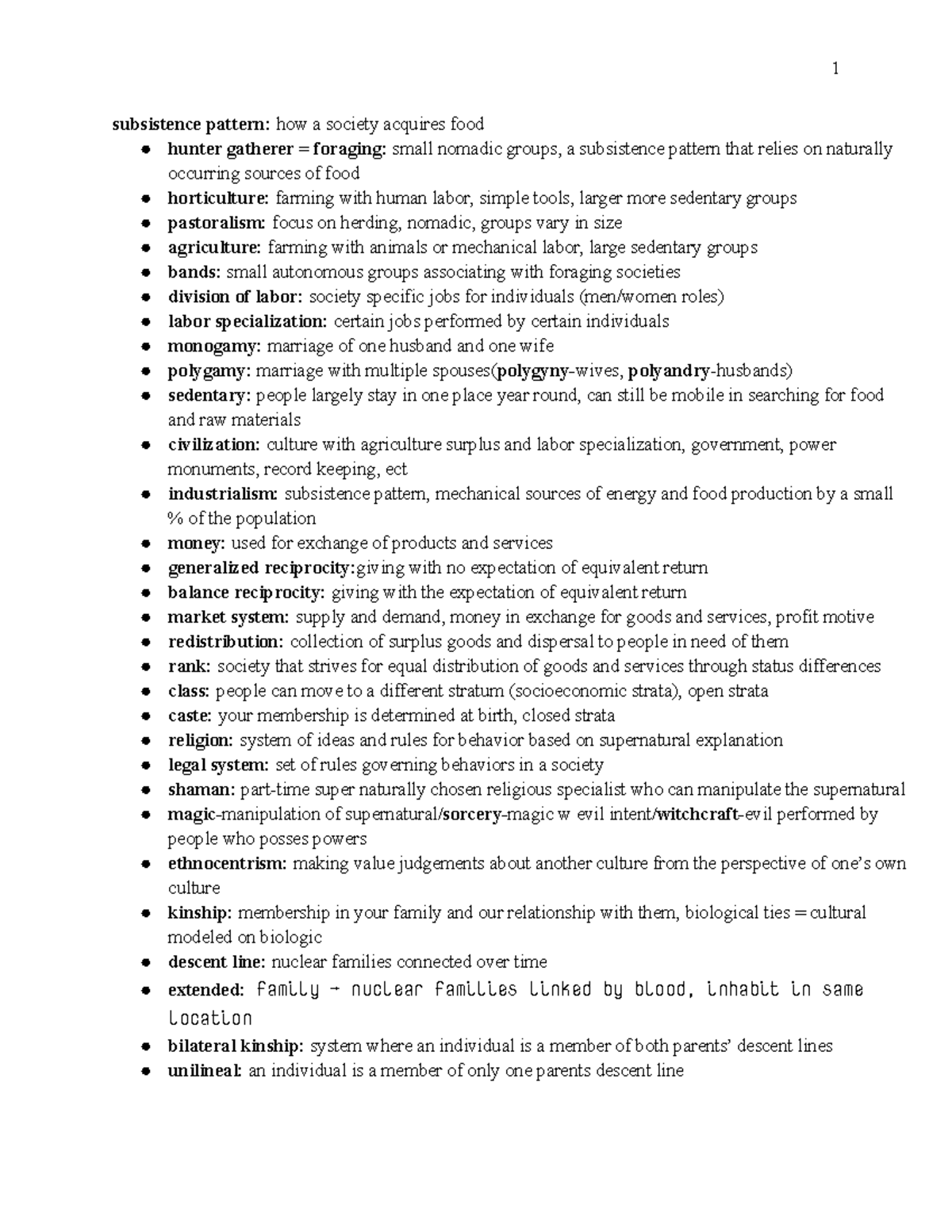 Summary - Introduction to Anthropology - complete - 1 subsistence ...