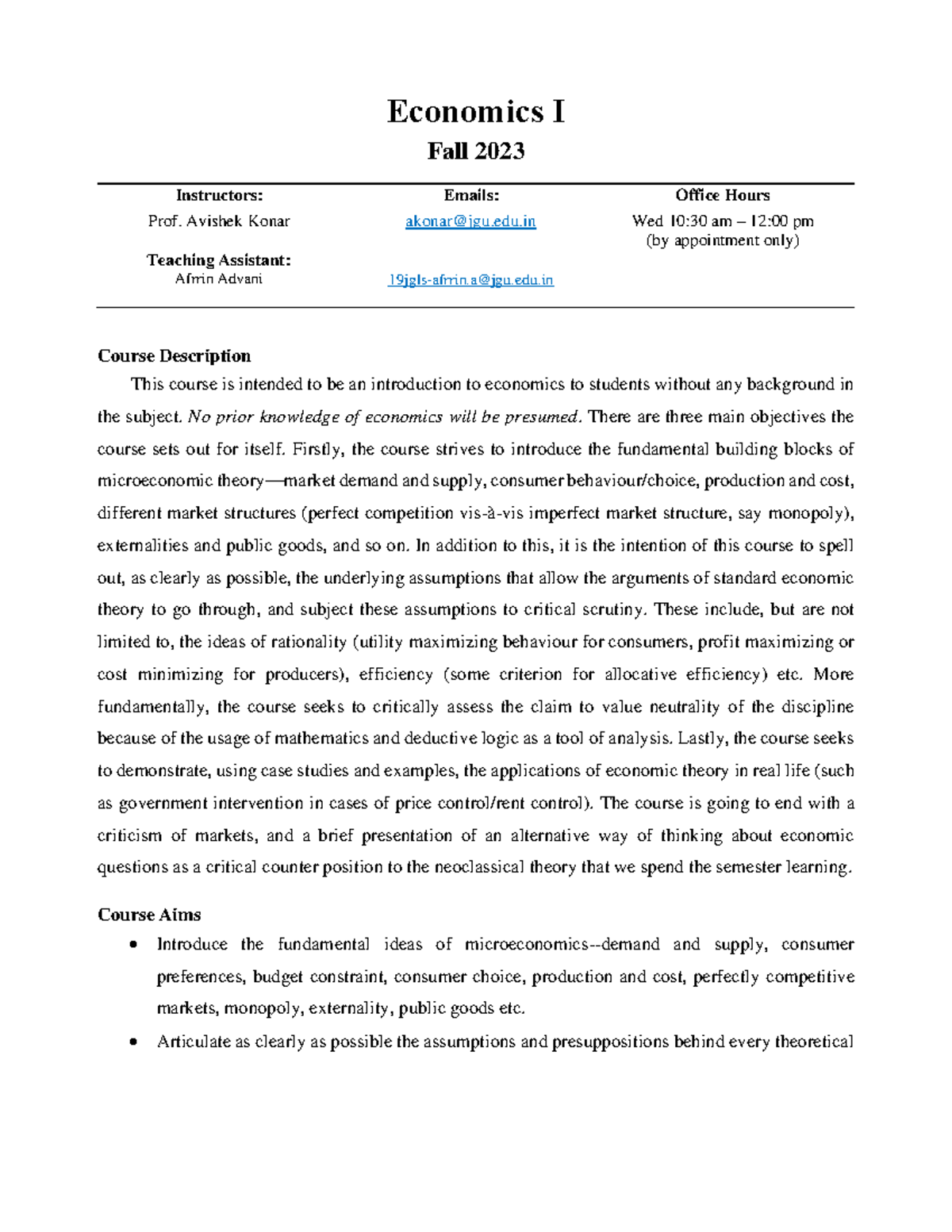Course Manual-Economics I-2023 - Economics I Fall 2023 Course ...