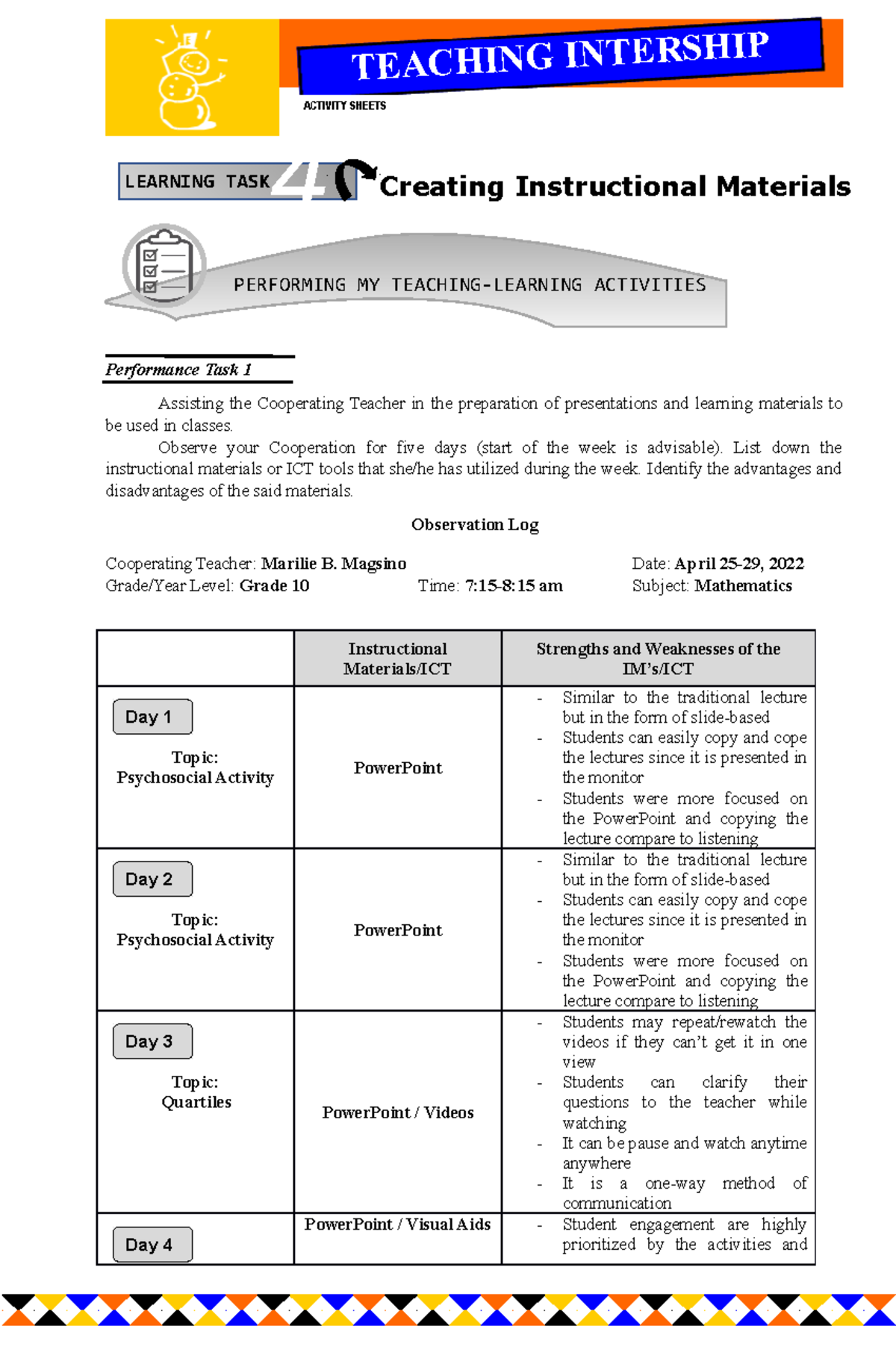  done Learning Task 04 Performance Task 1 Assisting The