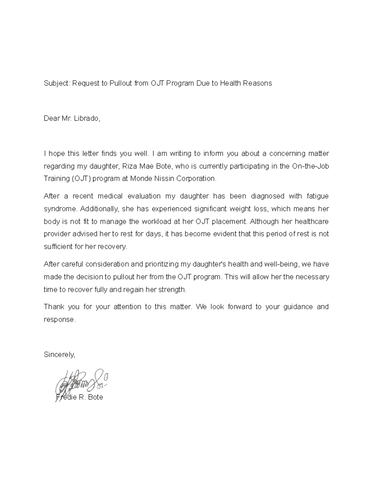 Bote Parent Pull out request letter - Subject: Request to Pullout from ...