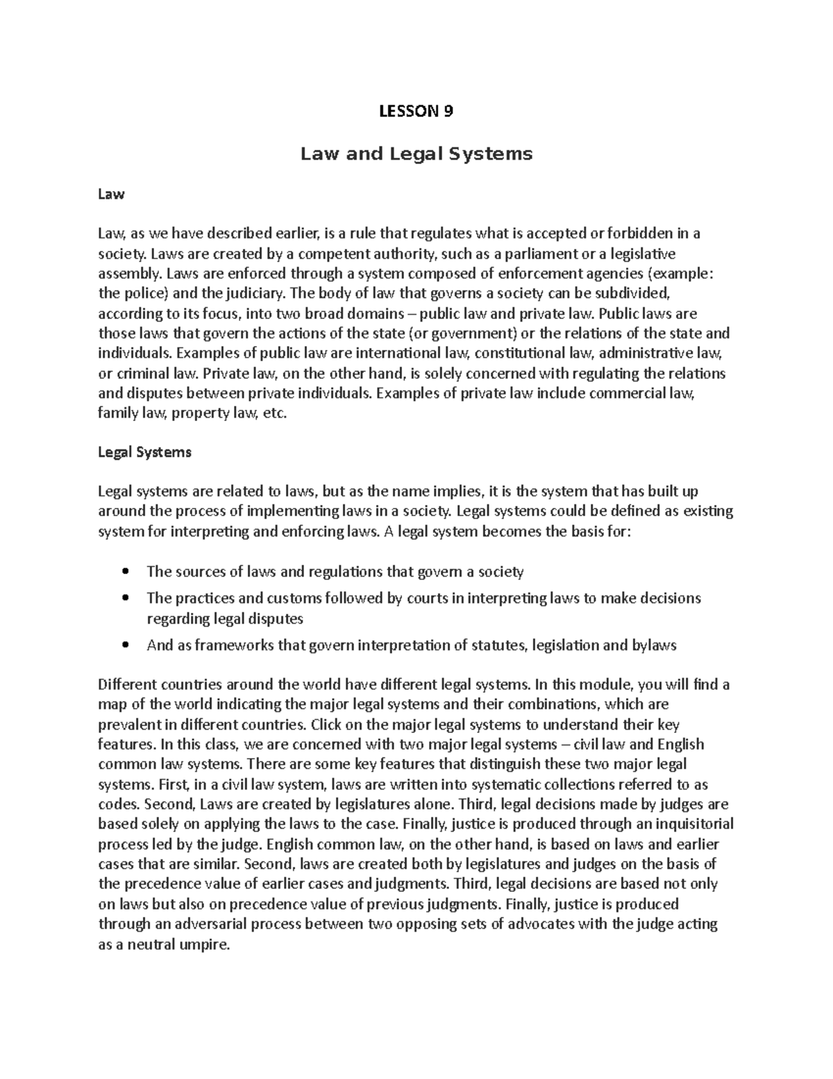 Lesson 9 - Legal Issues - LESSON 9 Law and Legal Systems Law Law, as we ...