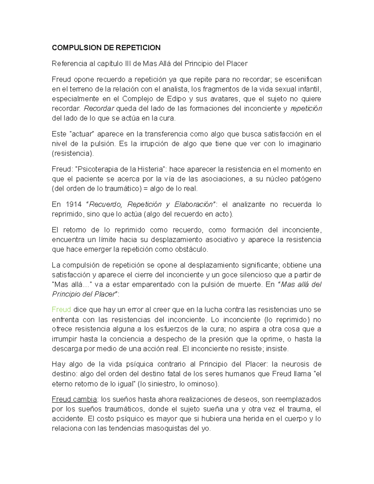 Compulsión de Repetición - COMPULSION DE REPETICION Referencia al de ...