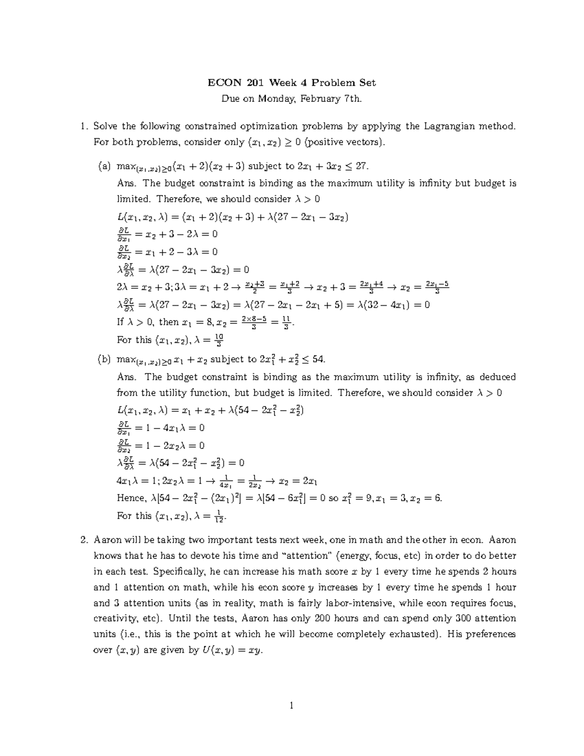 Econ 201 Hw4 Homework Assignment Utility Maximization Lagrangian